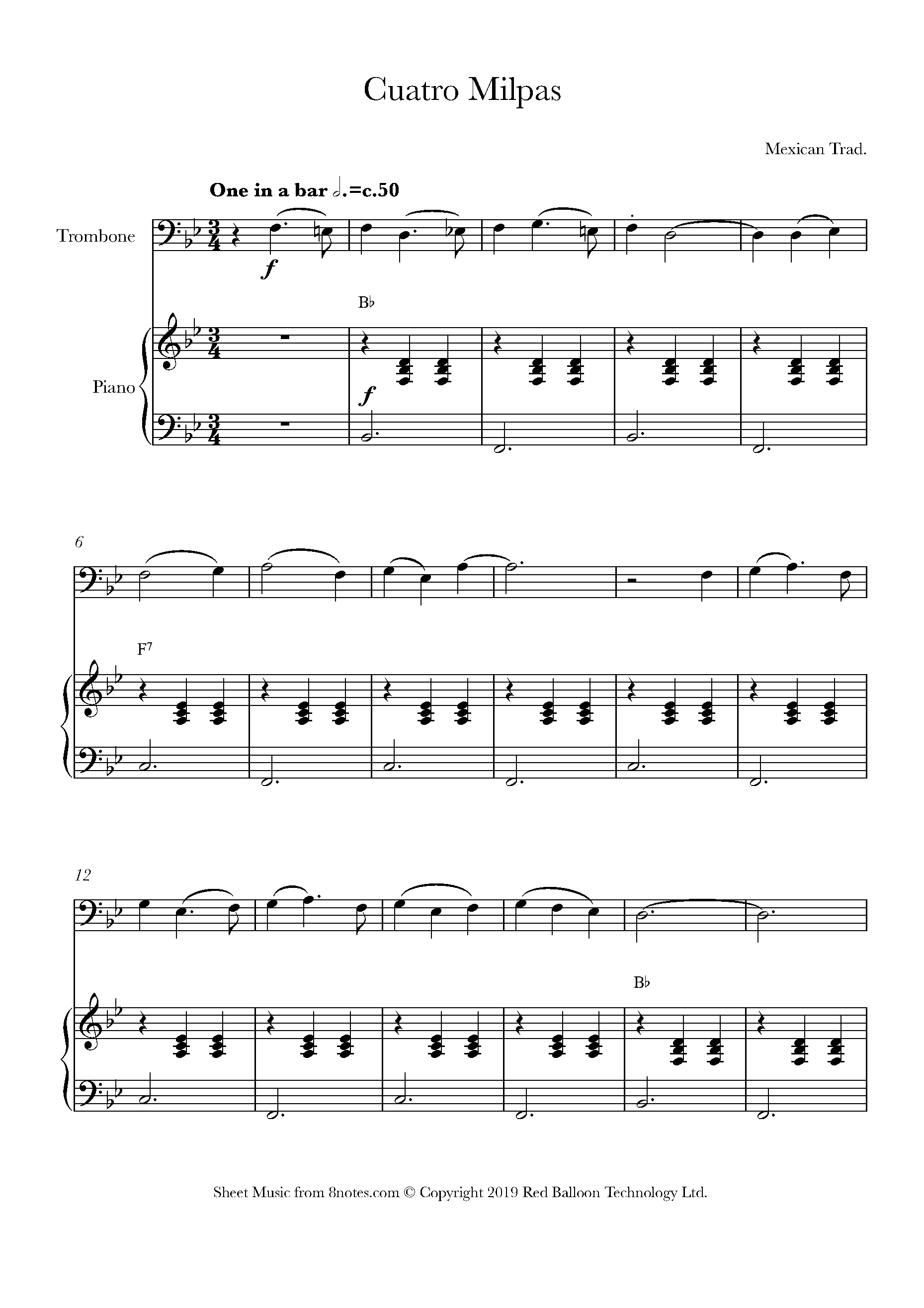 Cuatro Milpas (Mexican Traditional Song) Sheet music for Trombone ...