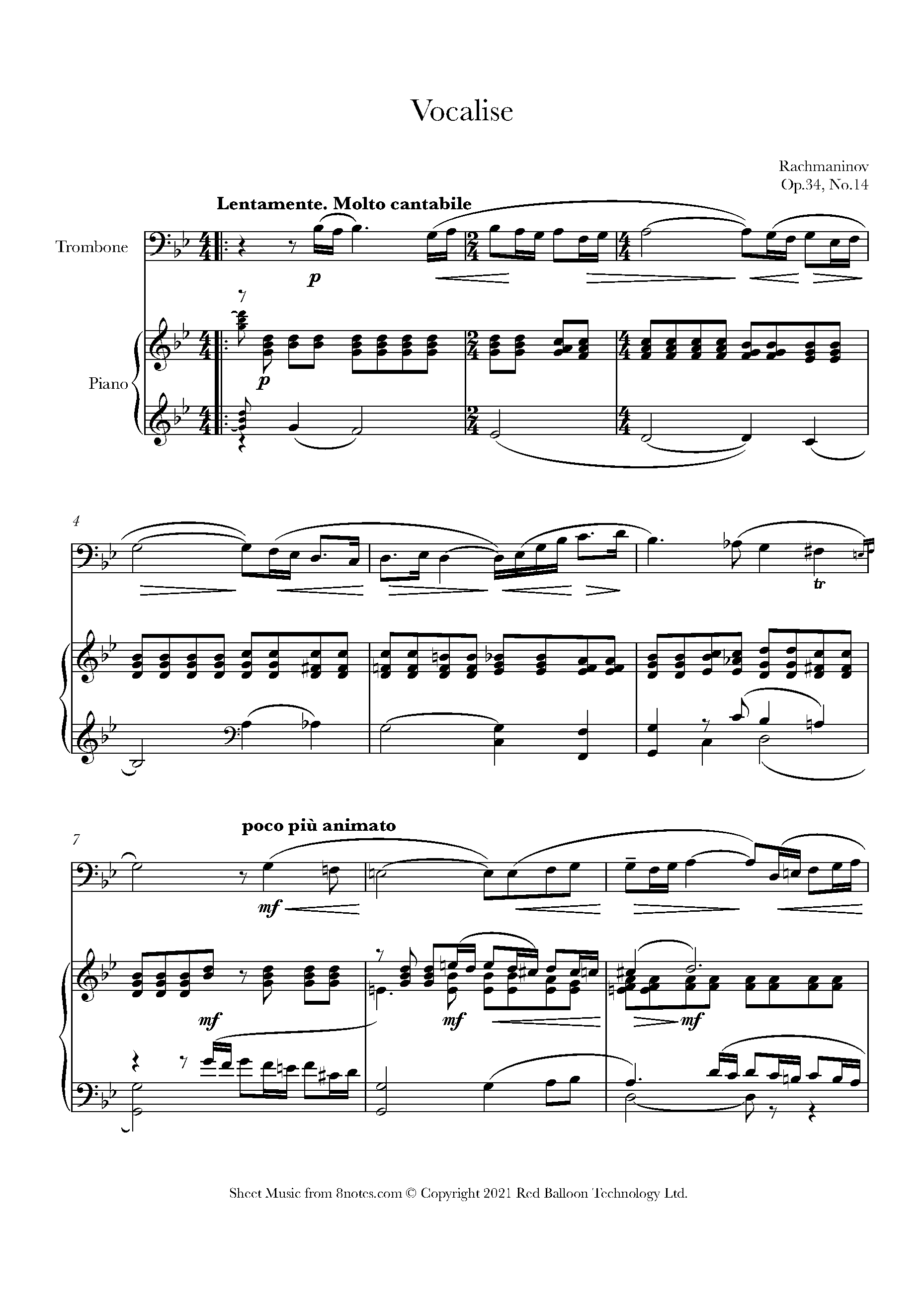 Rachmaninoff - Vocalise, Op.34, No.14 Sheet music for Trombone - 8notes.com