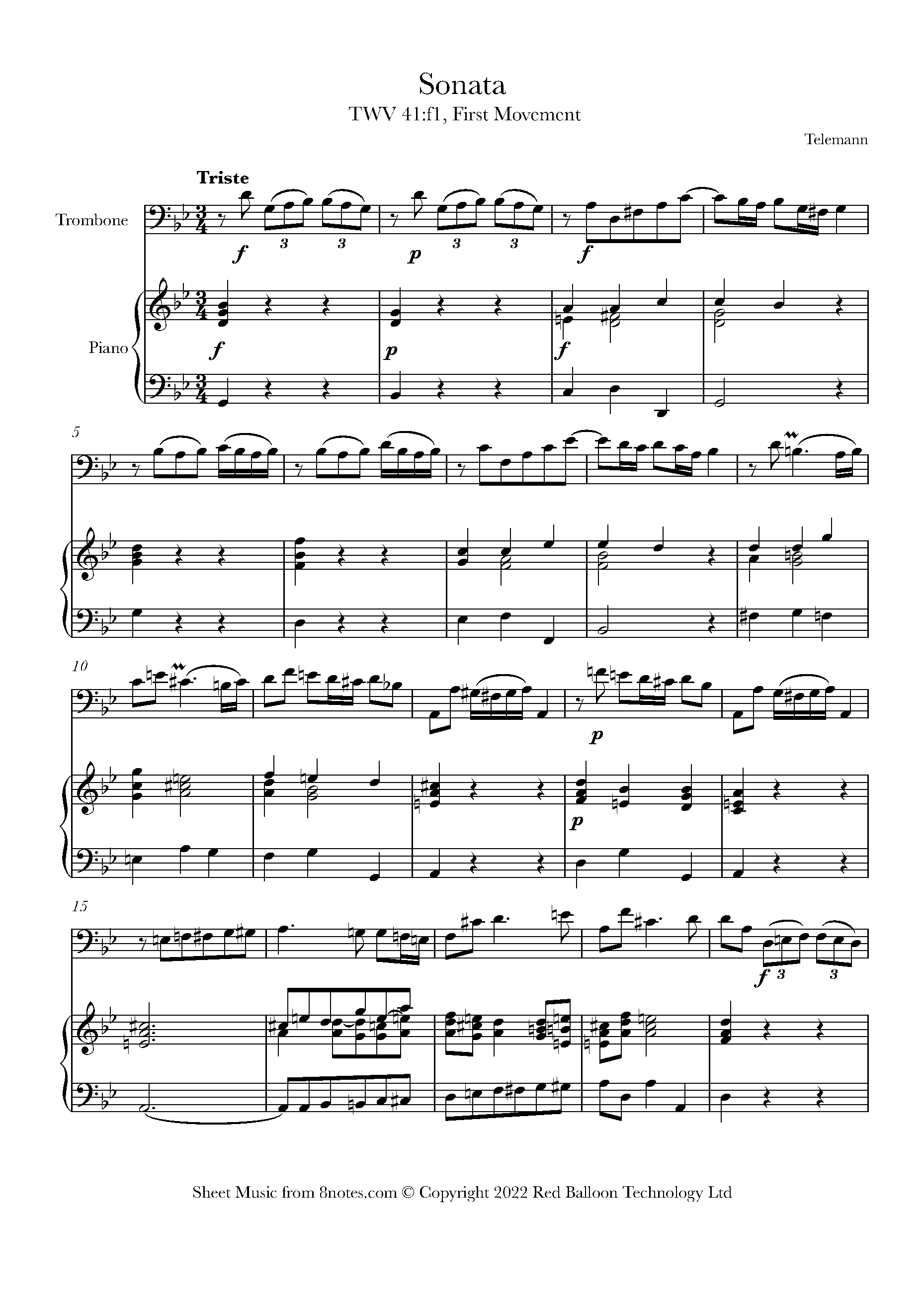 Telemann - Sonata TWV 41:f1, 1. Triste Sheet music for Trombone ...