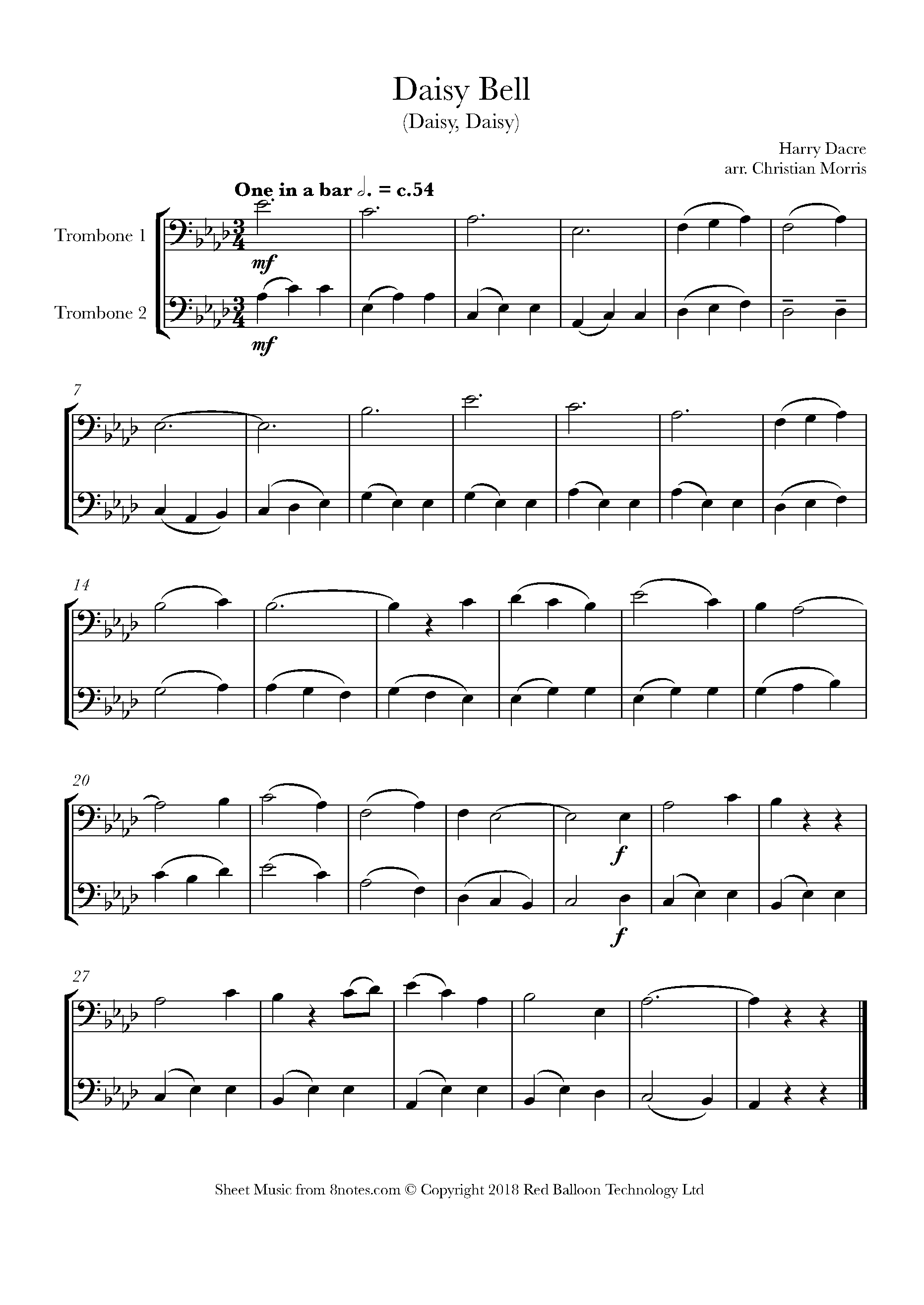 Harry Dacre - Daisy Bell (Daisy, Daisy) Sheet music for Trombone Duet ...