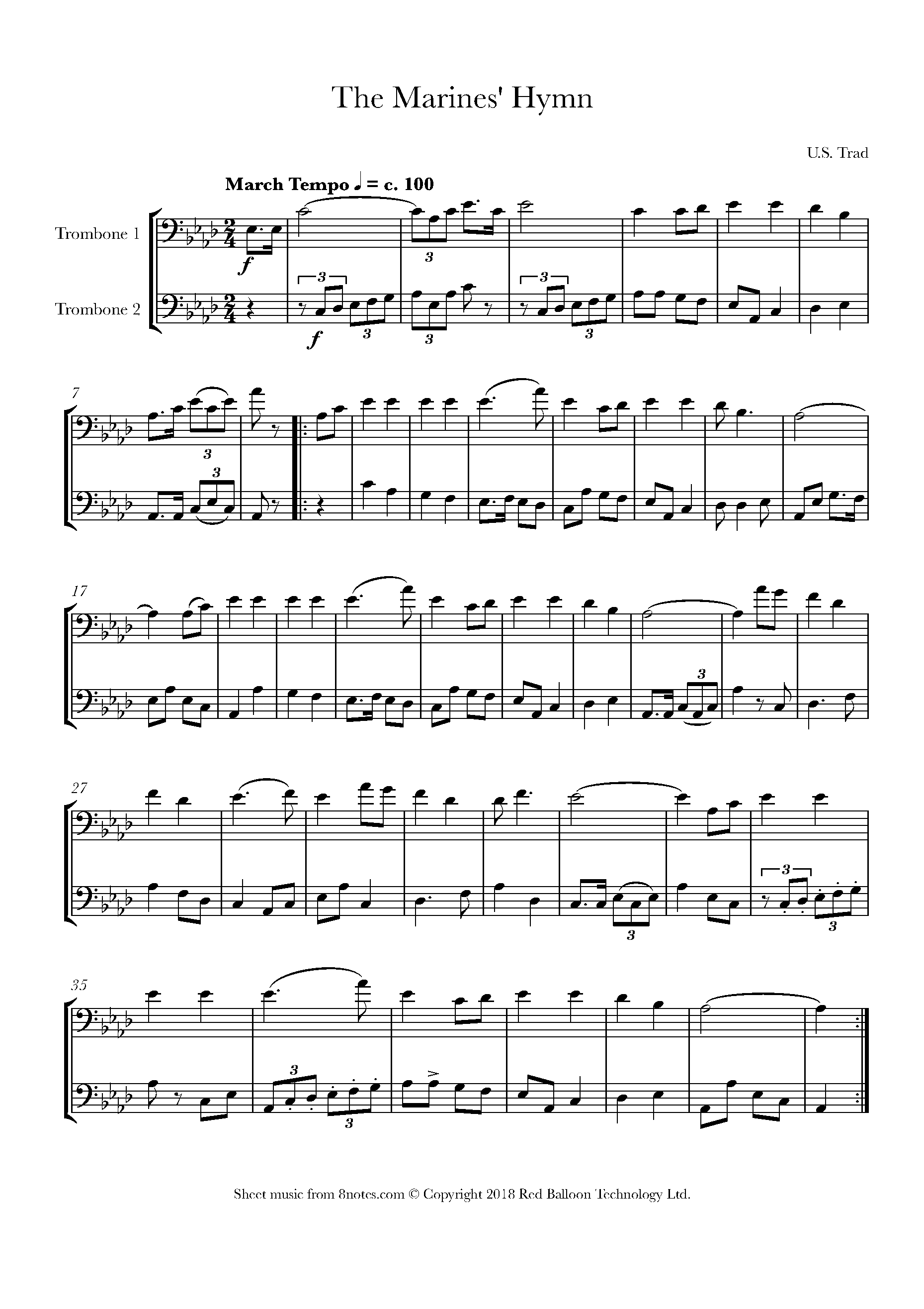 The Marines' Hymn Sheet music for Trombone Duet - 8notes.com