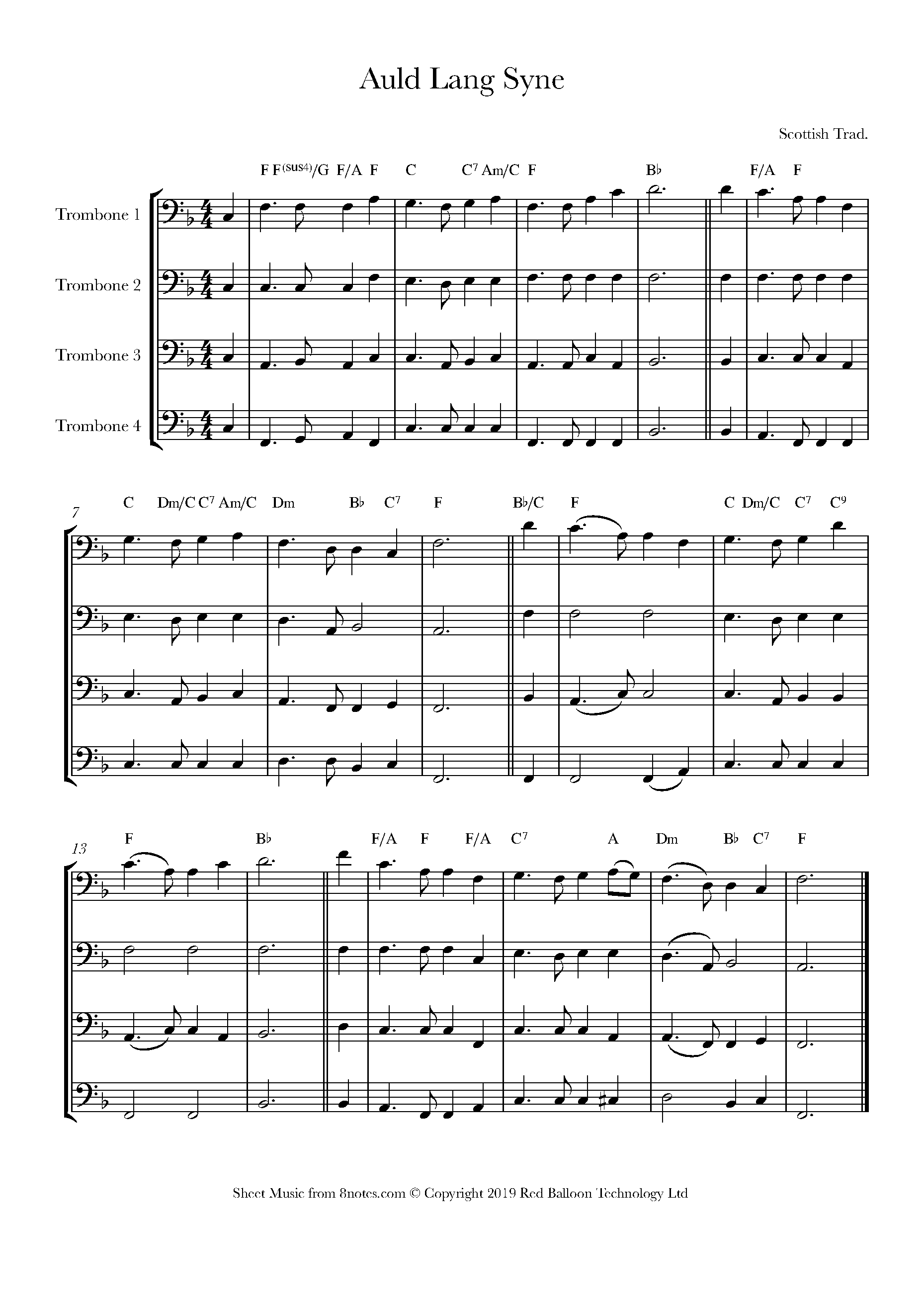 Auld Lang Syne Sheet music for Trombone Quartet - 8notes.com