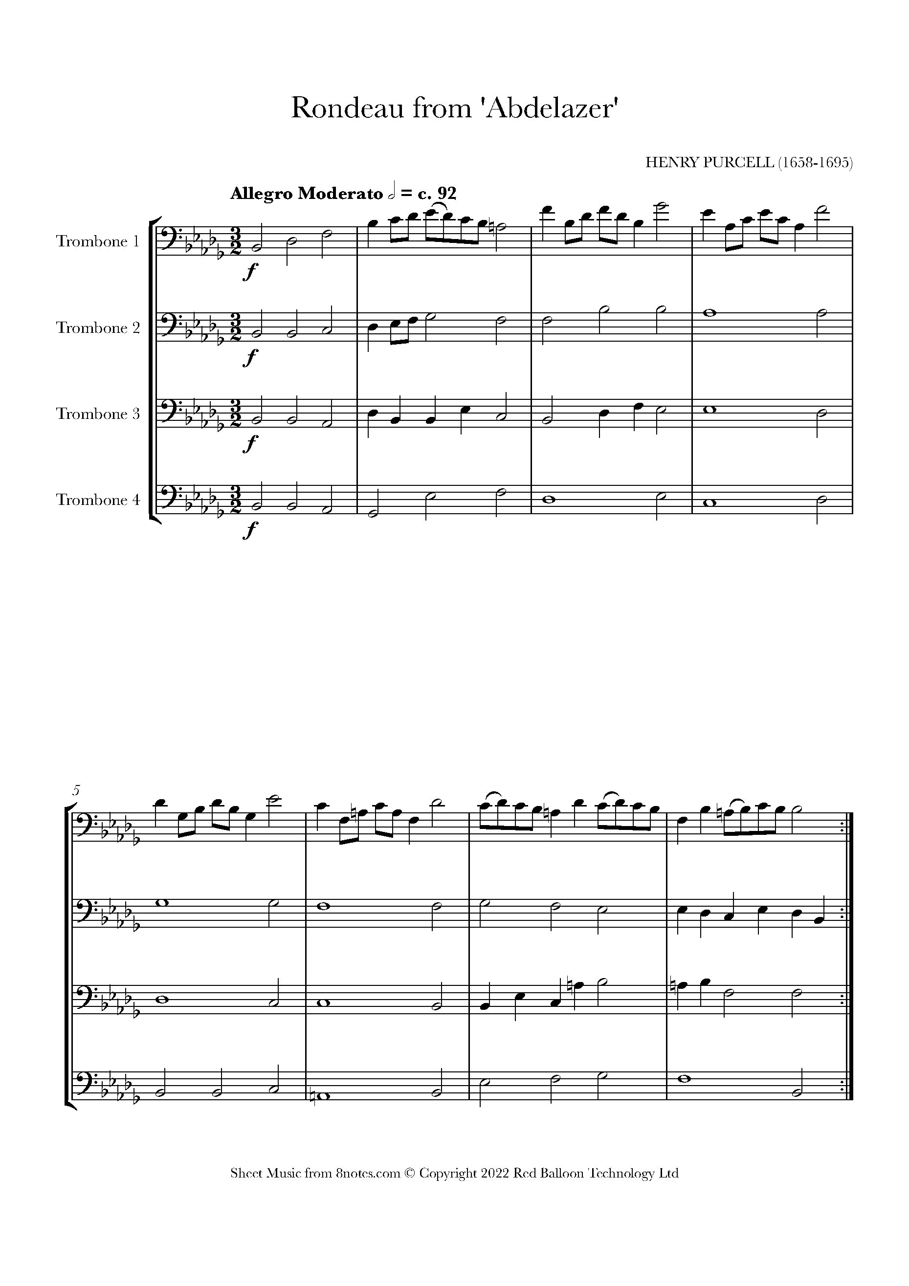 Purcell - Rondeau from Abdelazer Sheet music for Trombone Quartet ...