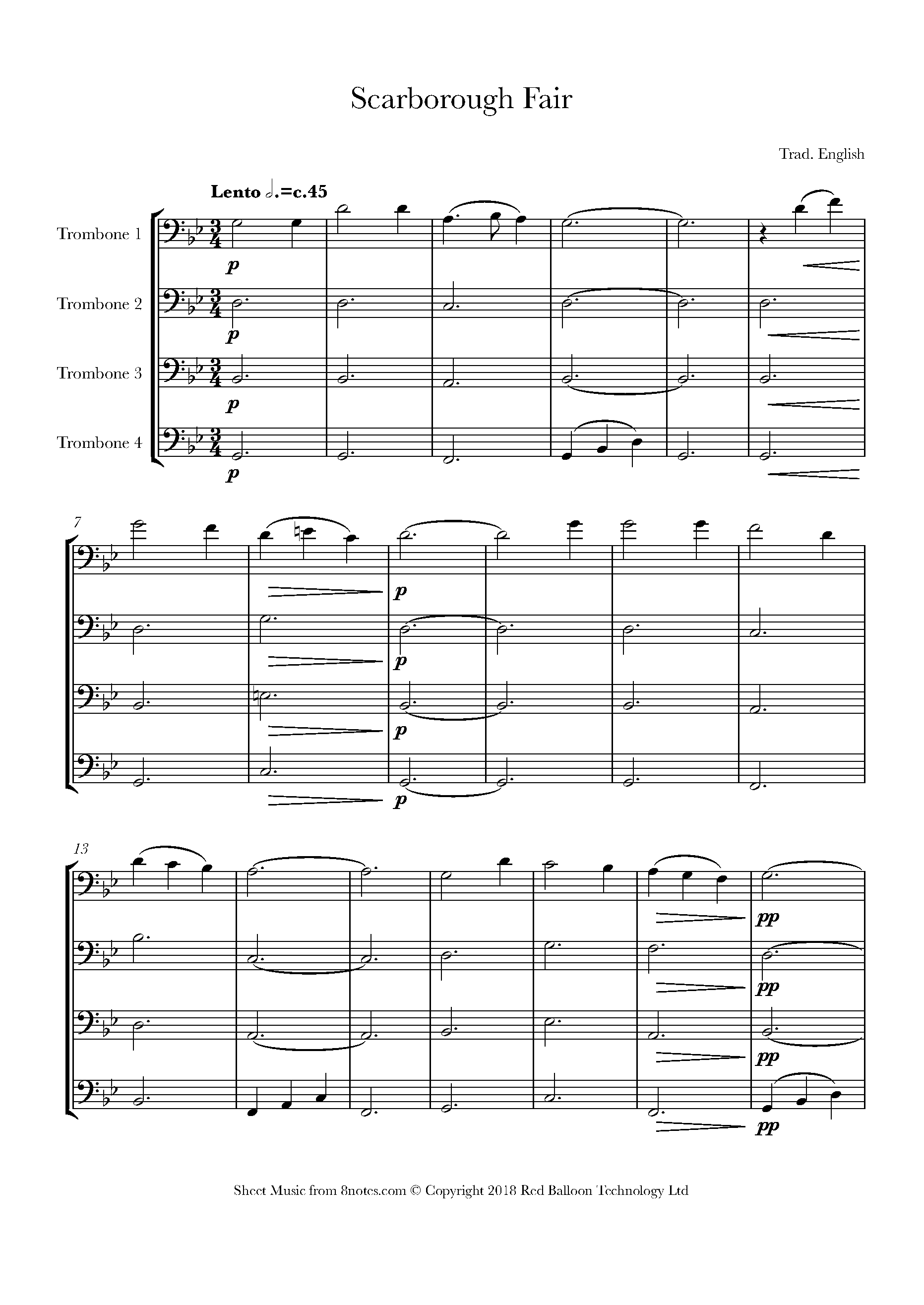 Scarborough Fair Sheet music for Trombone Quartet - 8notes.com