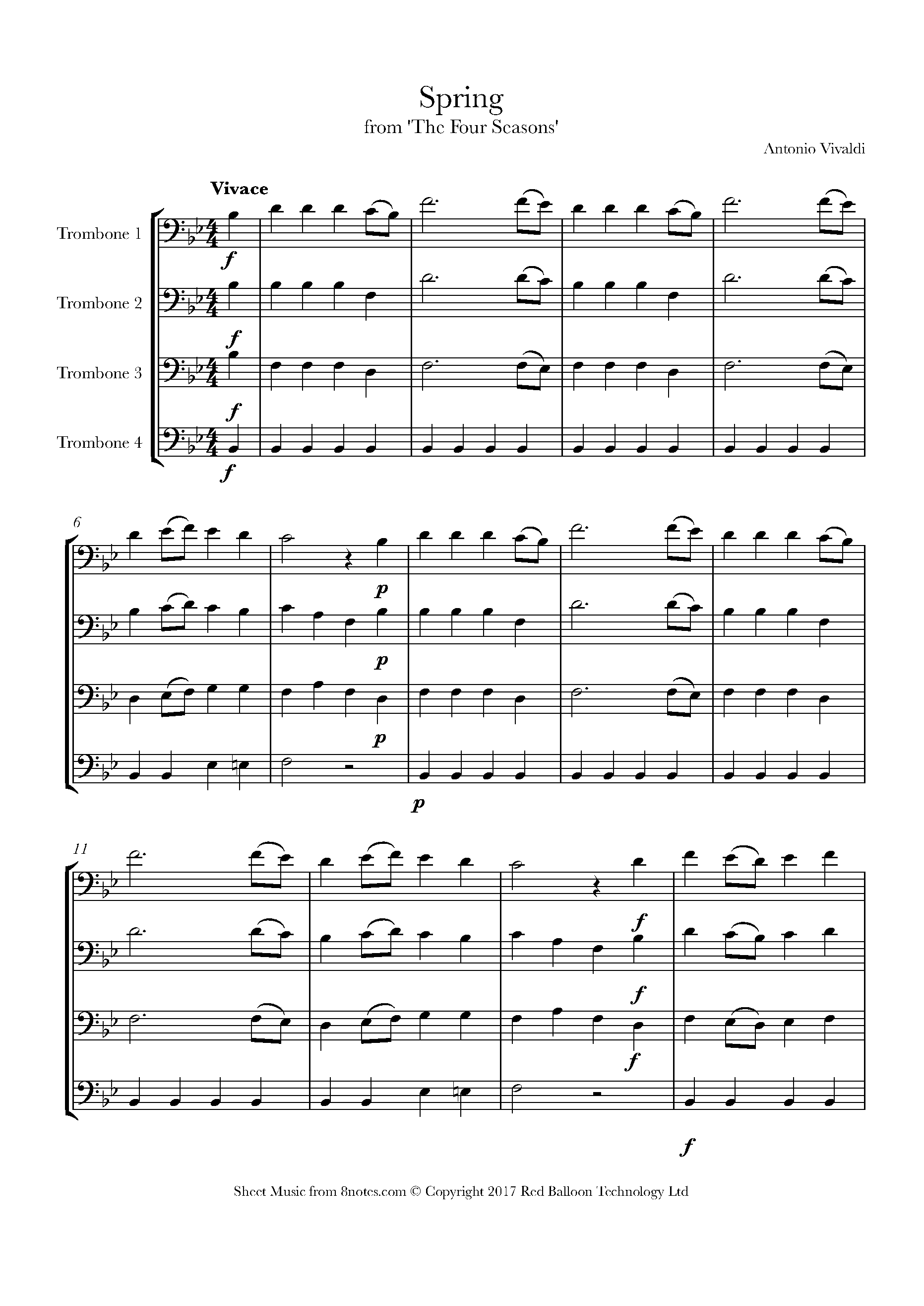 Vivaldi - Spring from the Four Seasons Sheet music for Trombone Quartet ...