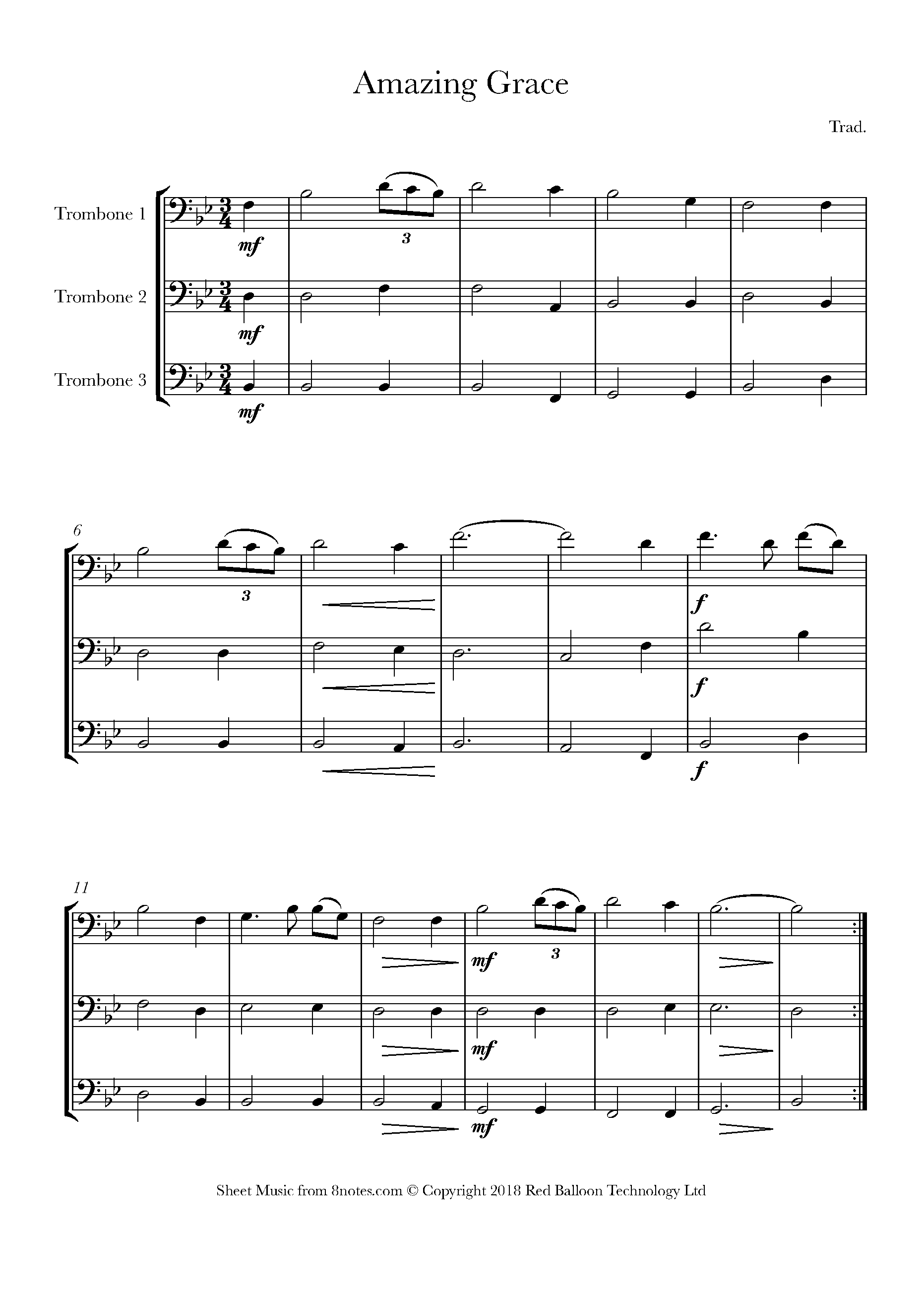 Amazing Grace Sheet music for Trombone Trio - 8notes.com