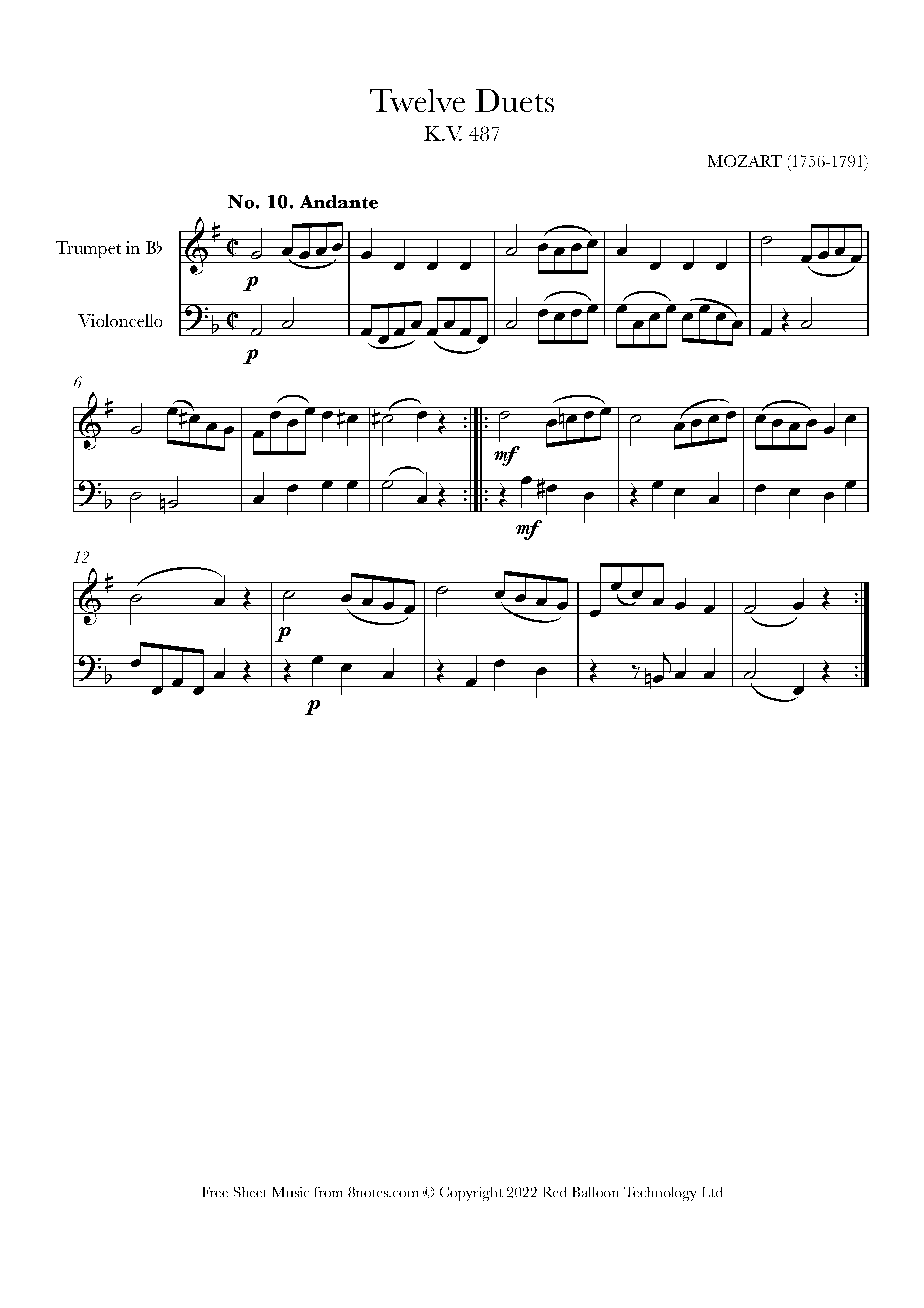 Mozart - Twelve Duets k.487 no.10 Sheet music for Trumpet-Cello Duet ...