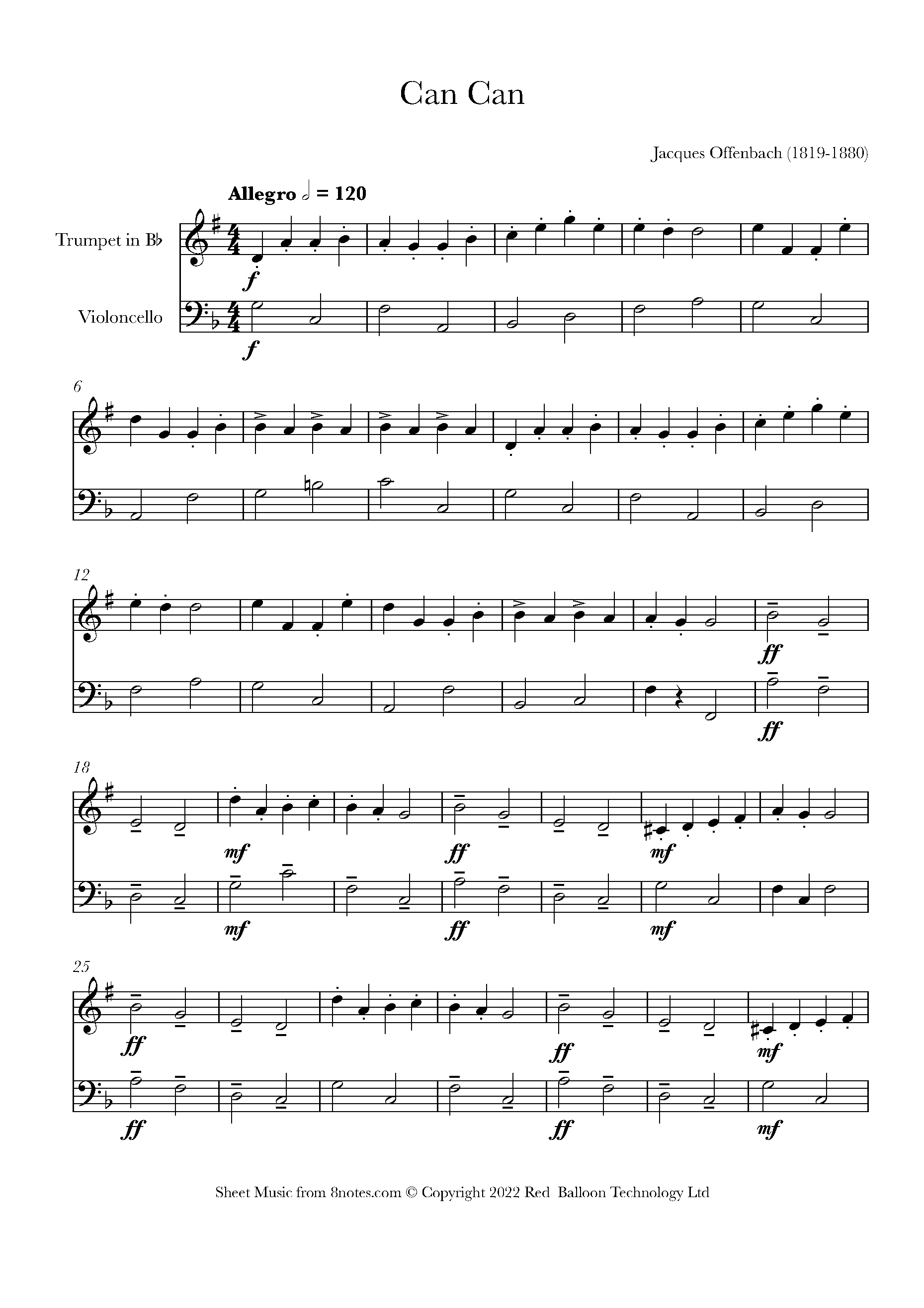 Offenbach - Can Can Sheet music for Trumpet-Cello Duet - 8notes.com