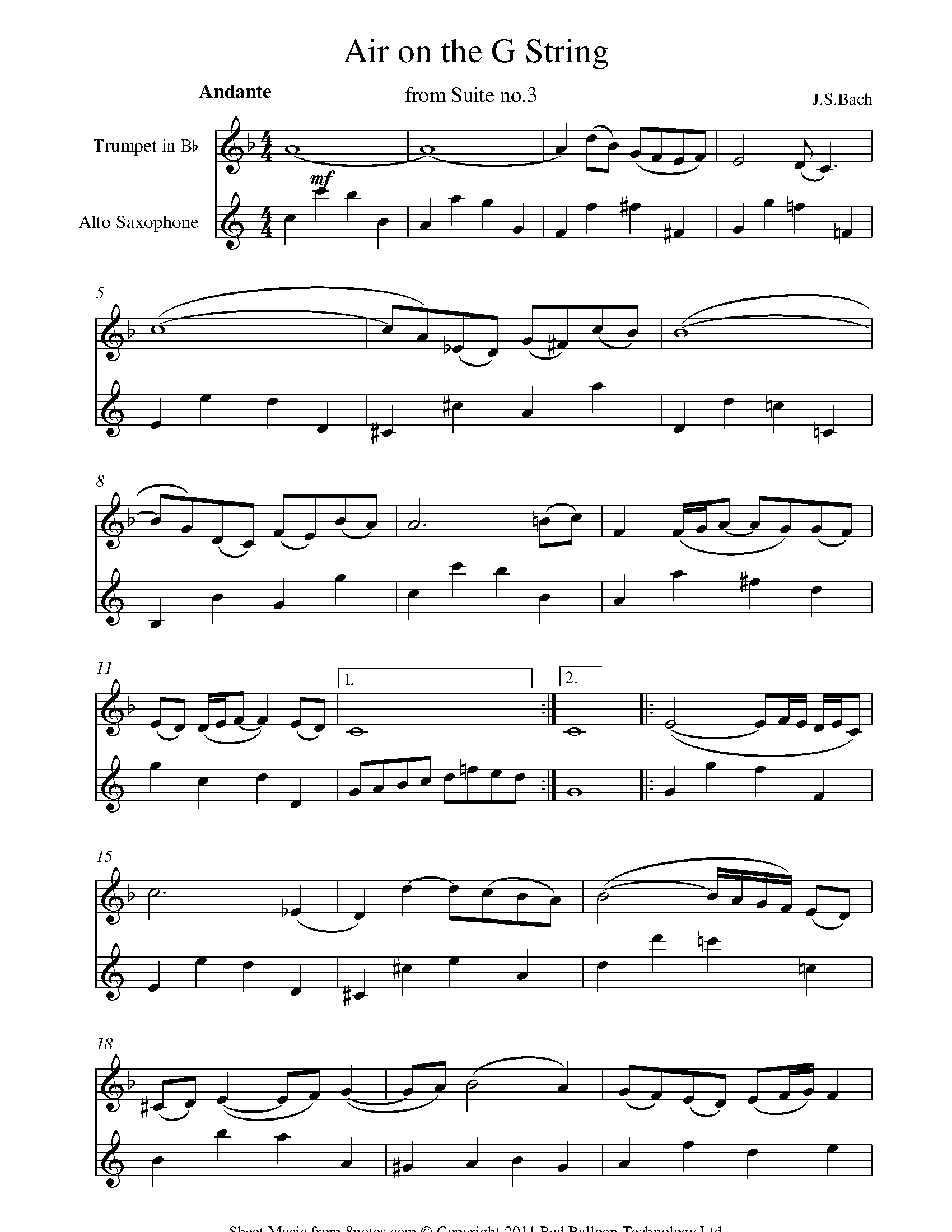 Bach - Air on a G String Sheet music for Trumpet-Saxophone Duet ...