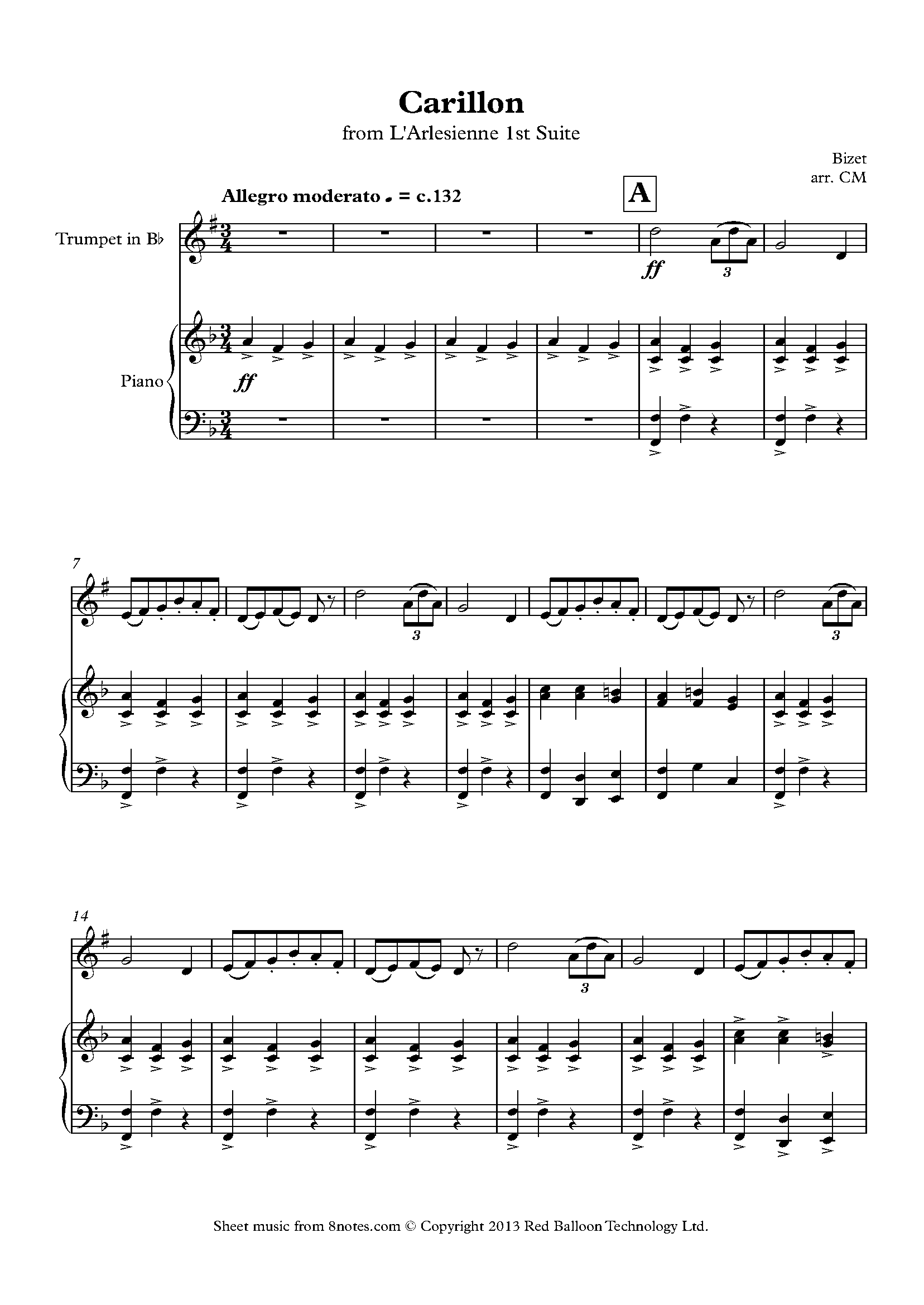 Bizet - Carillon from L'Arlesienne 1st Suite Sheet music for Trumpet ...