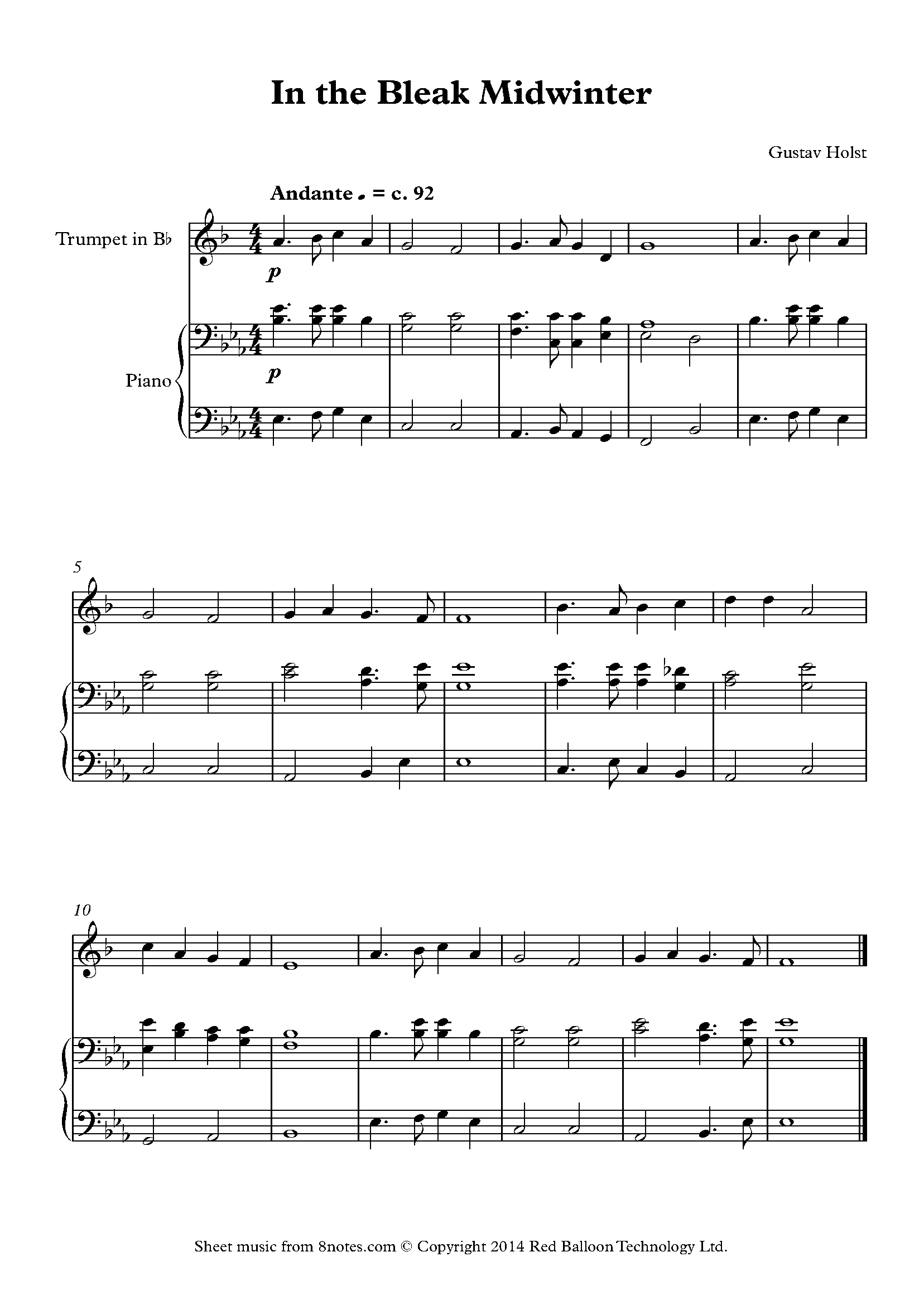 Holst - In the Bleak Midwinter Sheet music for Trumpet - 8notes.com