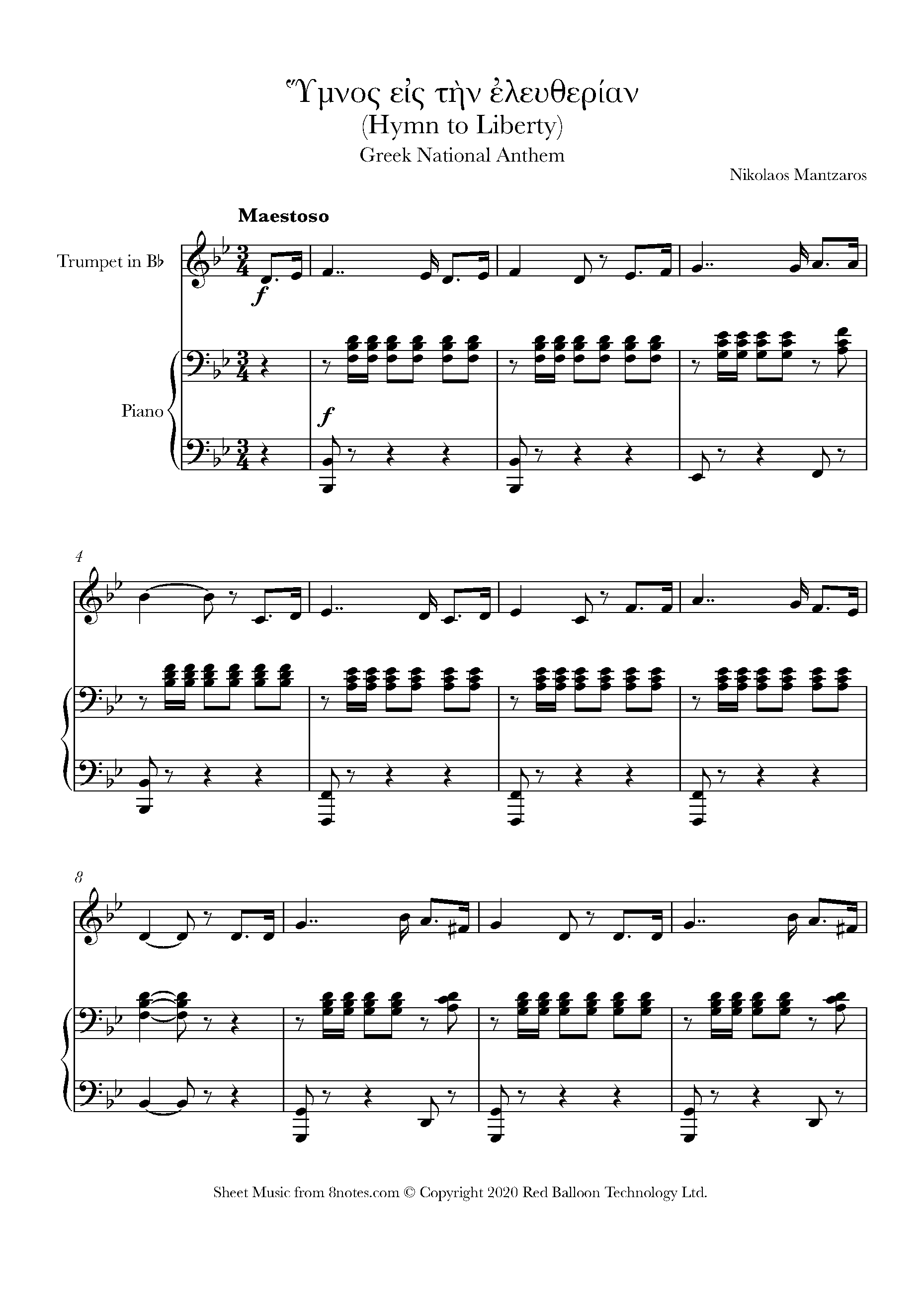 Hymn to Liberty (Greek National Anthem) Sheet music for Trumpet ...