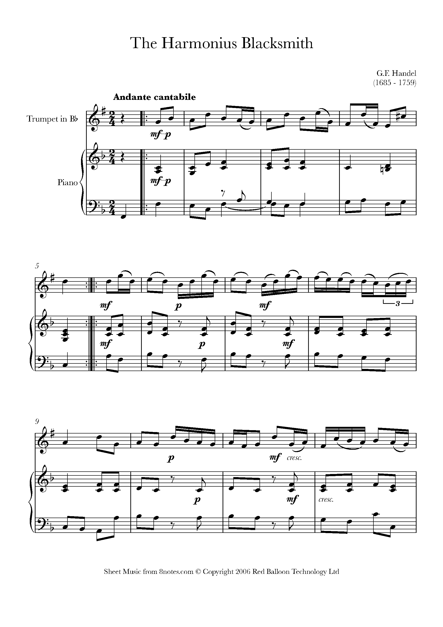 Handel - Harmonius Blacksmith Sheet music for Trumpet - 8notes.com