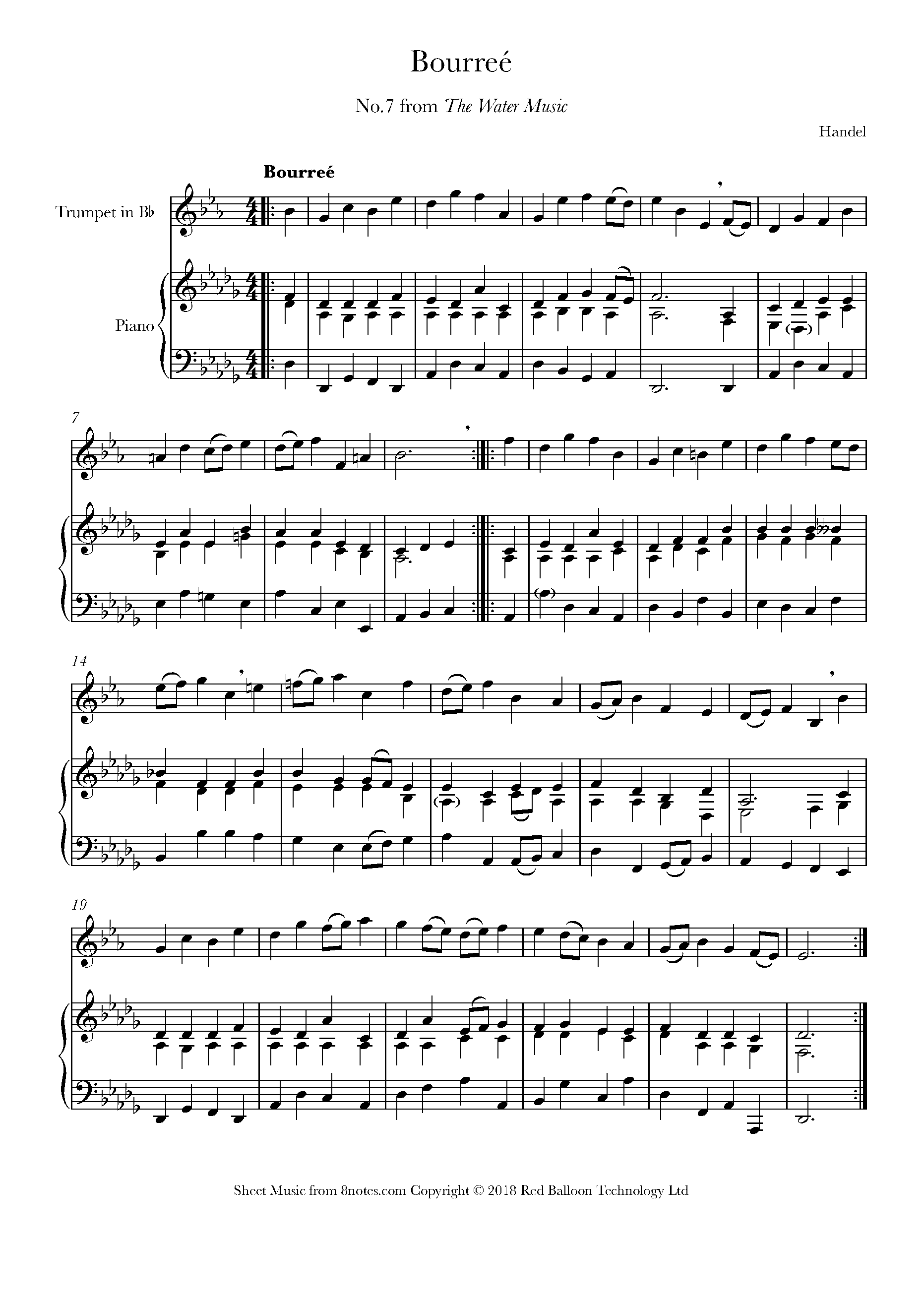 Handel - Bourree no.7 from Water Music Sheet music for Trumpet - 8notes.com