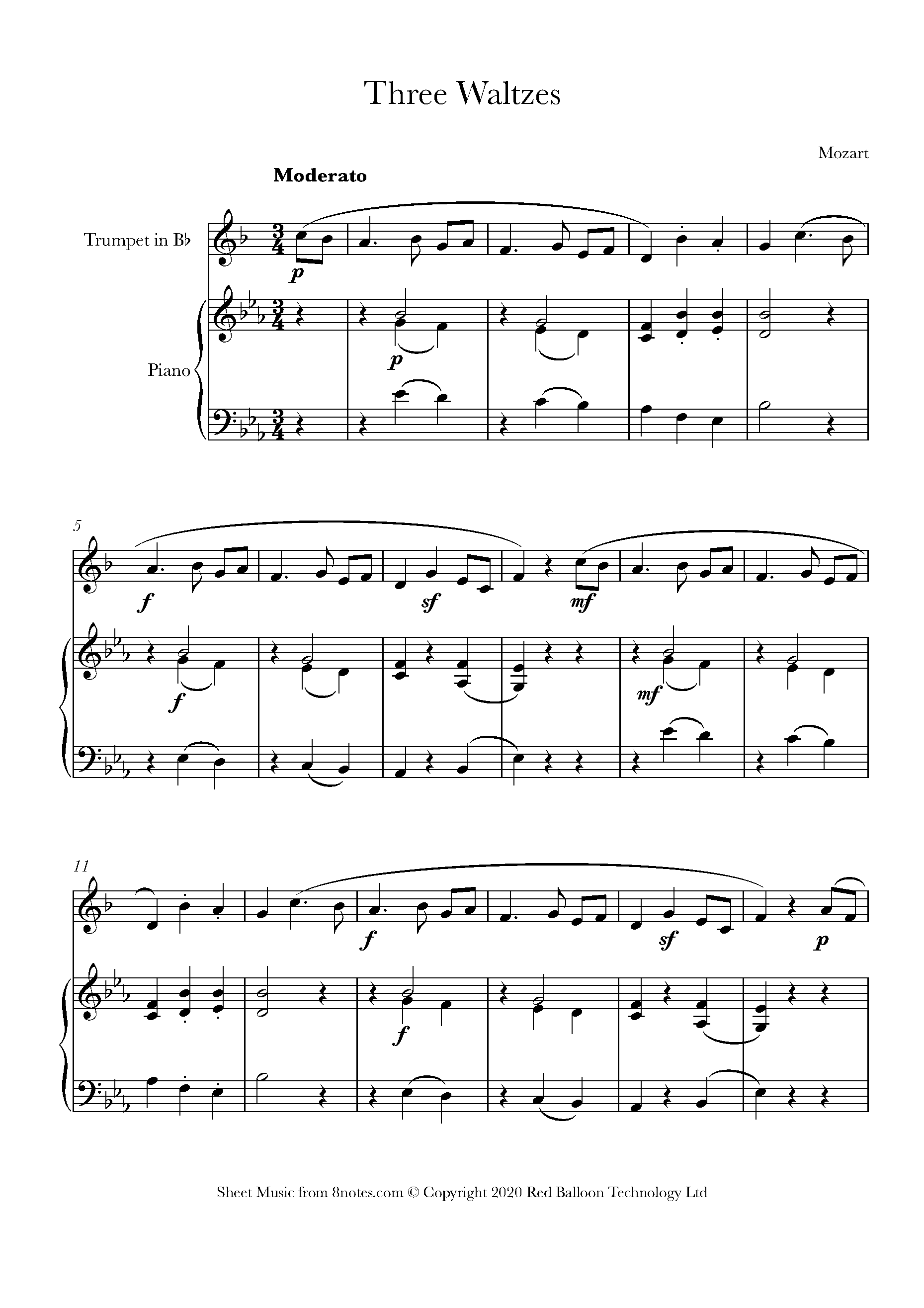 Mozart - Three Waltzes no.2 Sheet music for Trumpet - 8notes.com