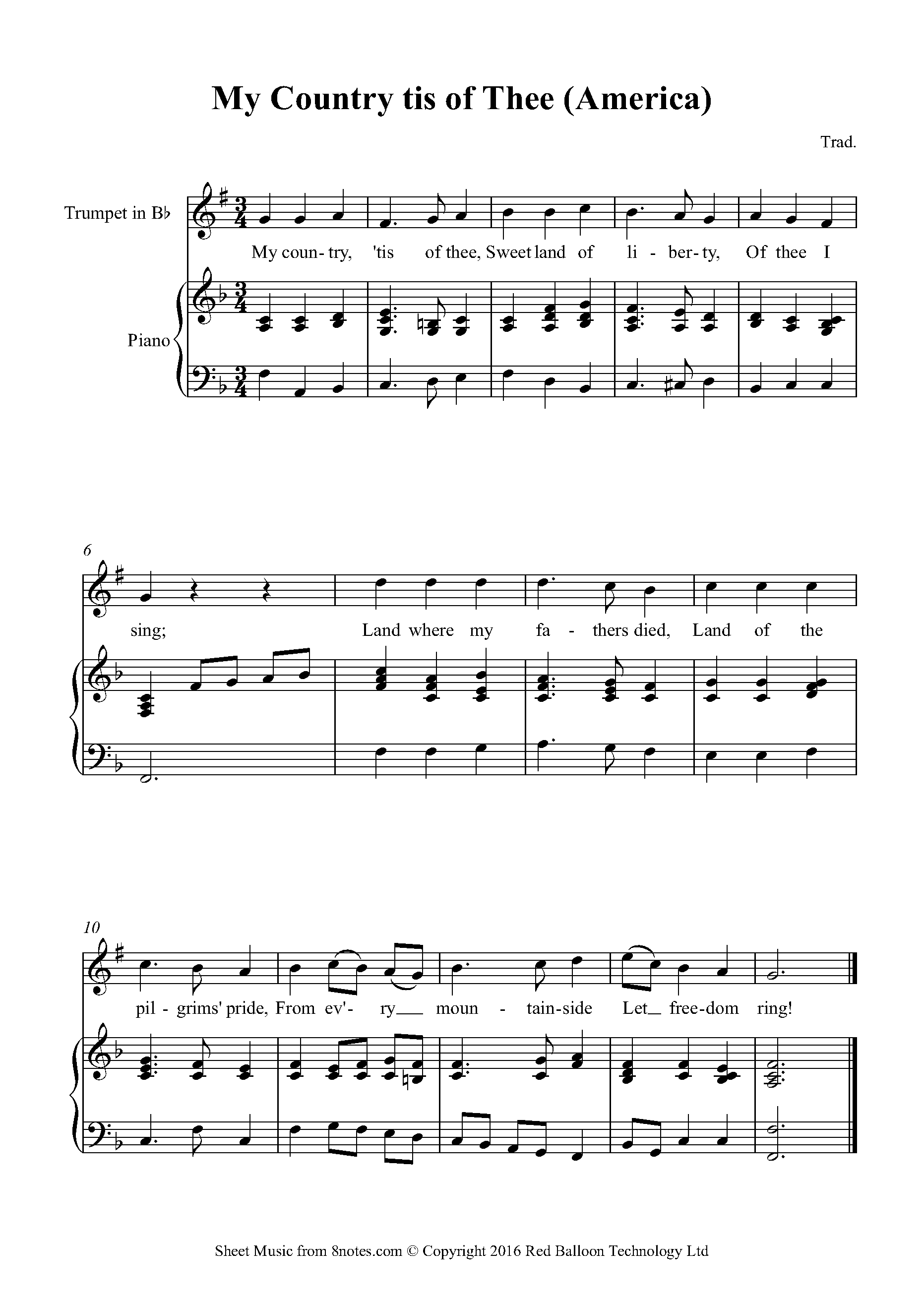 My Country Tis of Thee (America) Sheet music for Trumpet - 8notes.com