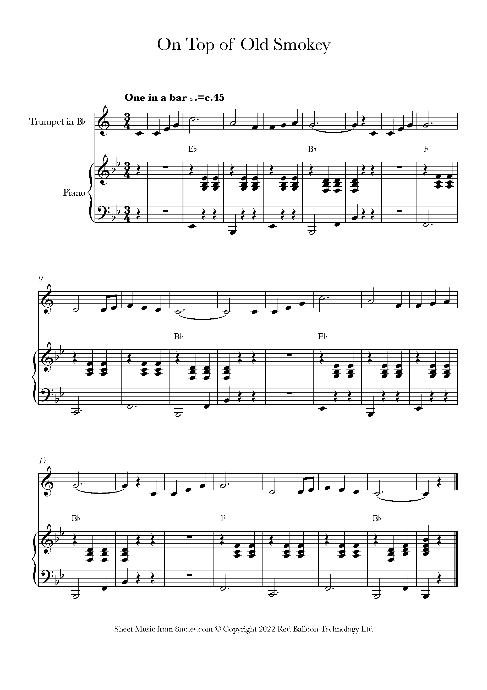 On Top of Old Smoky Sheet music for Trumpet - 8notes.com