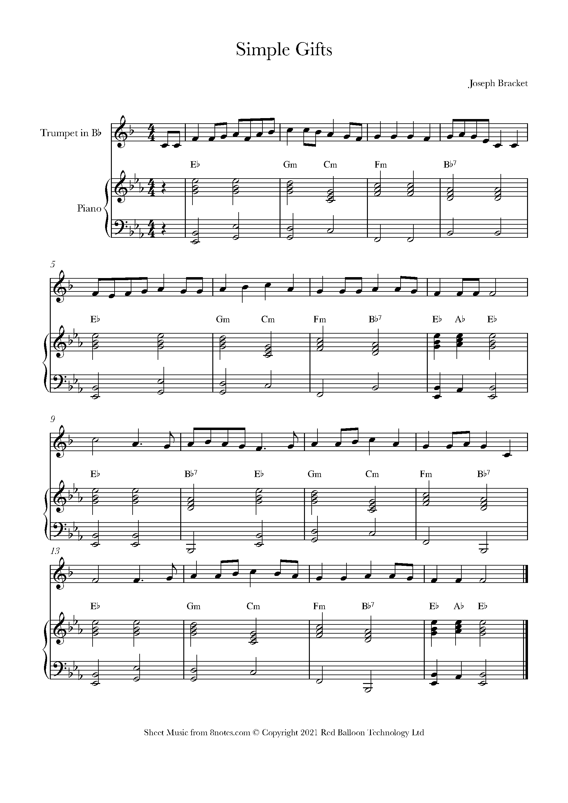 Simple Gifts (appalachian shaker song) Sheet music for Trumpet - 8notes.com