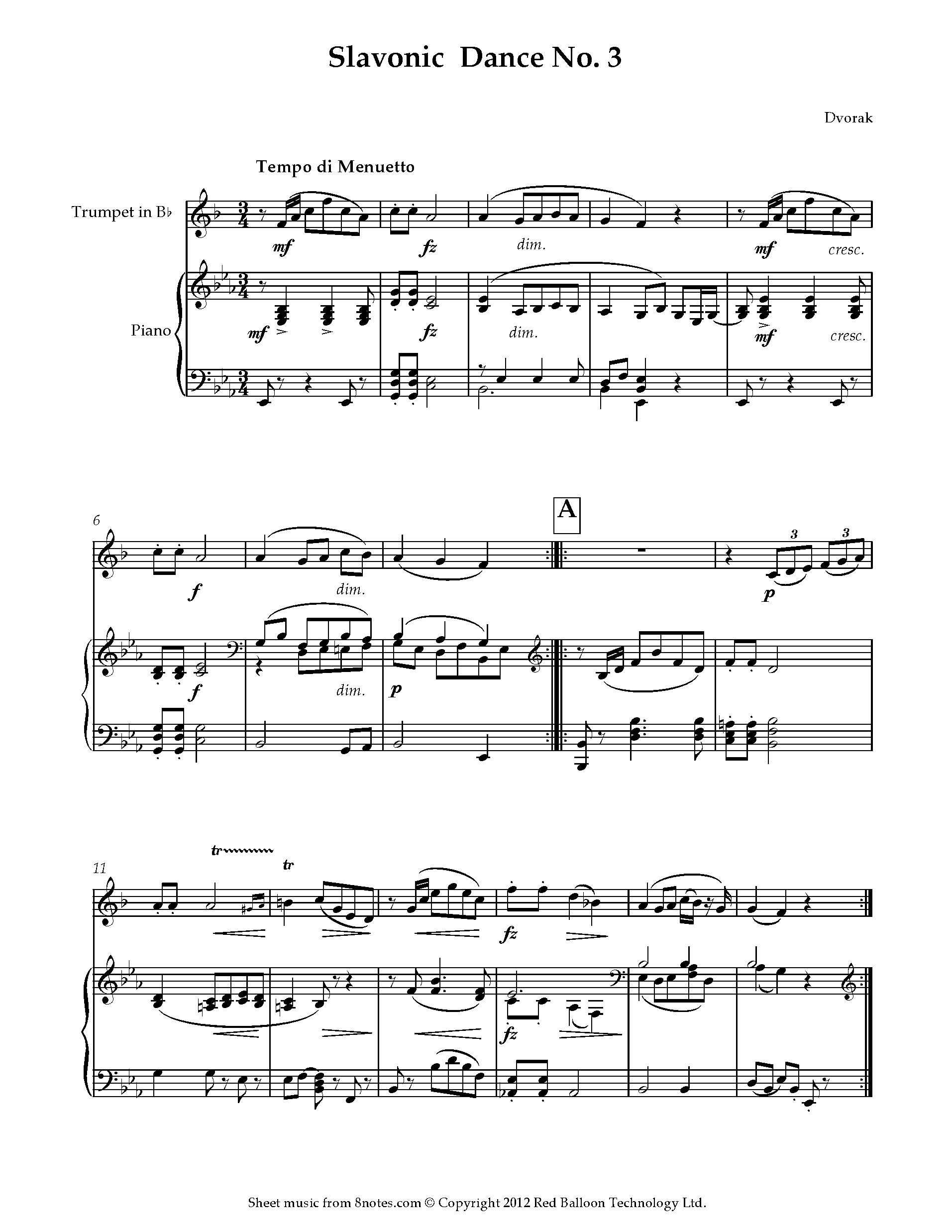 Dvořák - Slavonic Dance No. 3 Sheet music for Trumpet - 8notes.com