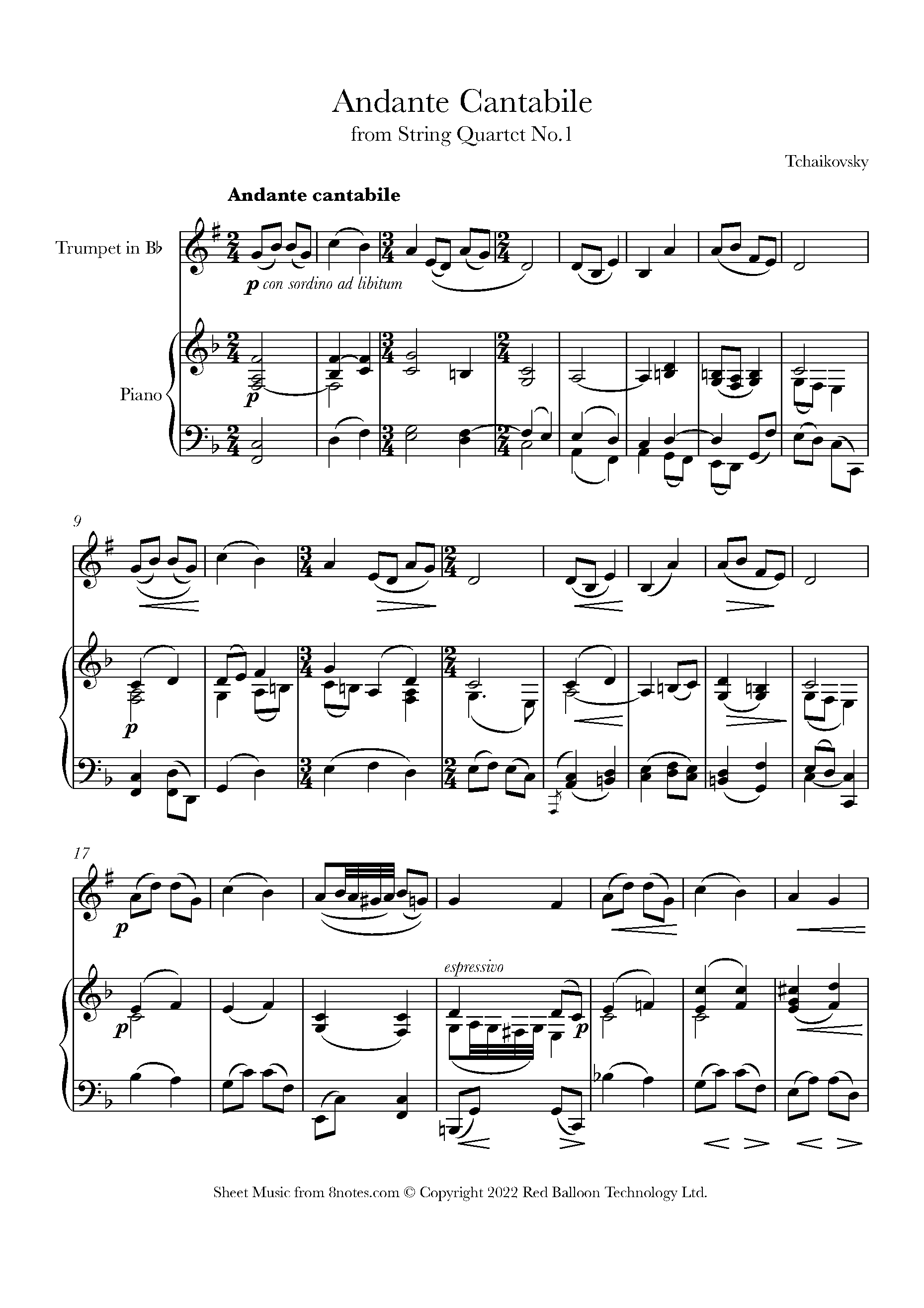 Tchaikovsky - Andante Cantabile from String Quartet No.1 Sheet music ...