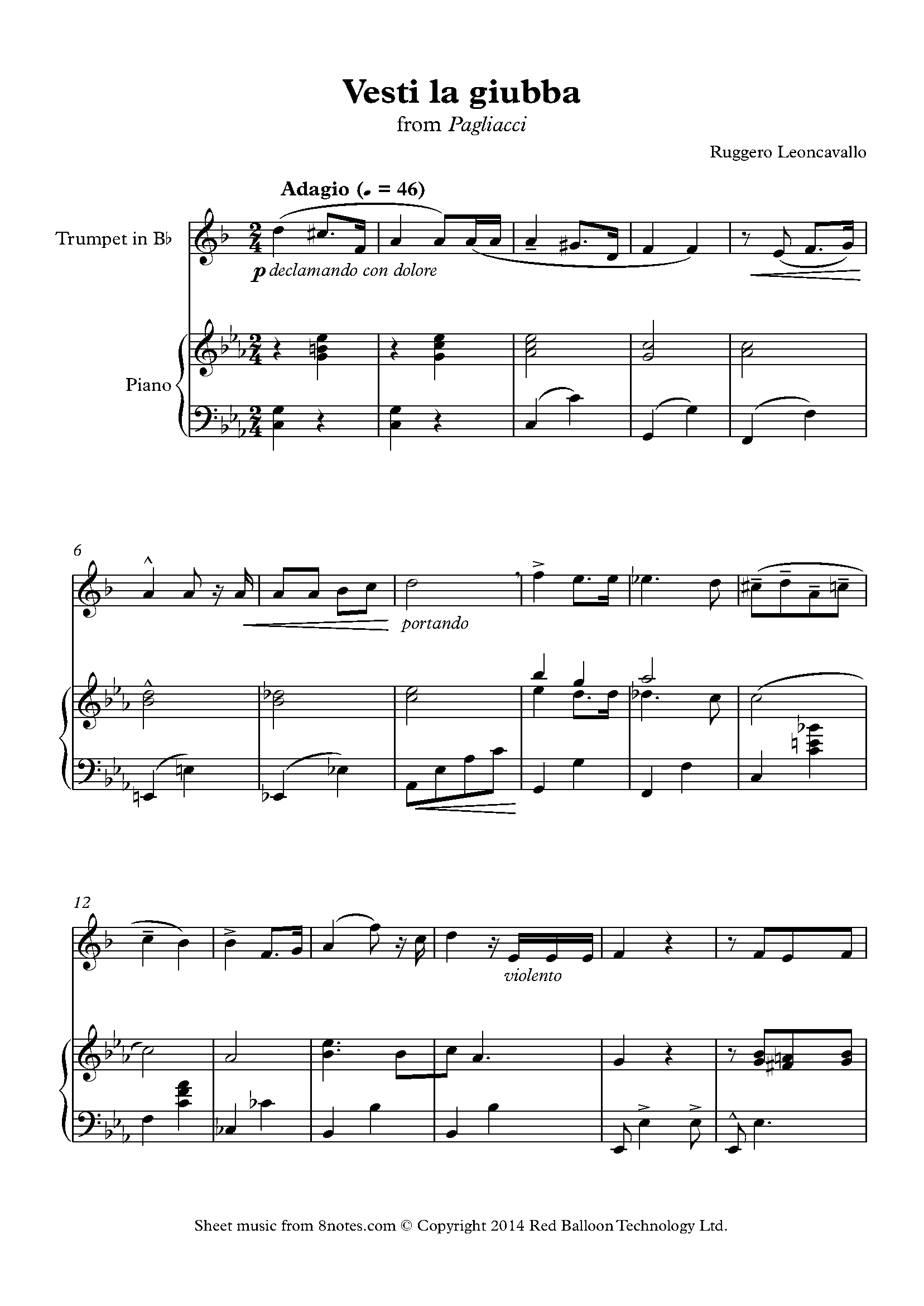 Leoncavallo - Vesti la giubba from Pagliacci Sheet music for Trumpet ...
