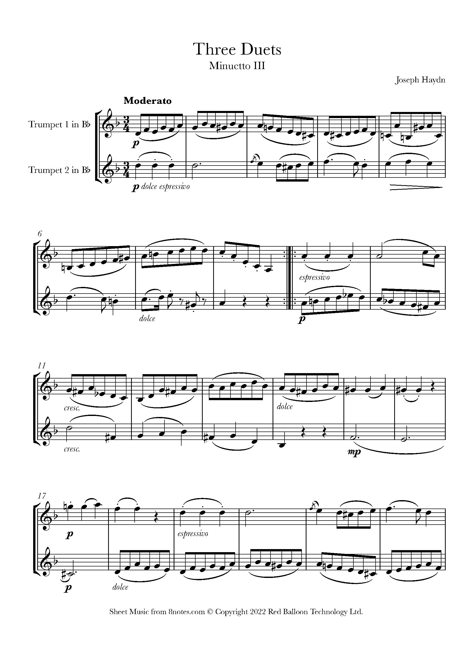 Haydn - Three Duets - Menuetto 3 Sheet music for Trumpet Duet - 8notes.com