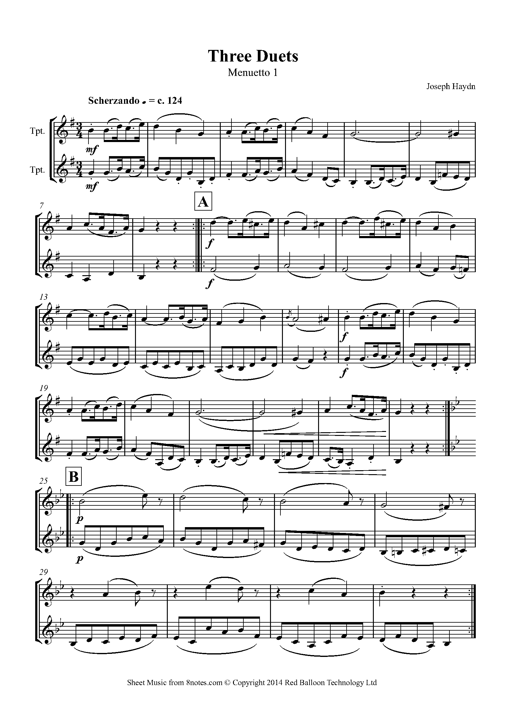 Haydn - Three Duets Menuetto 1 Sheet music for Trumpet Duet - 8notes.com