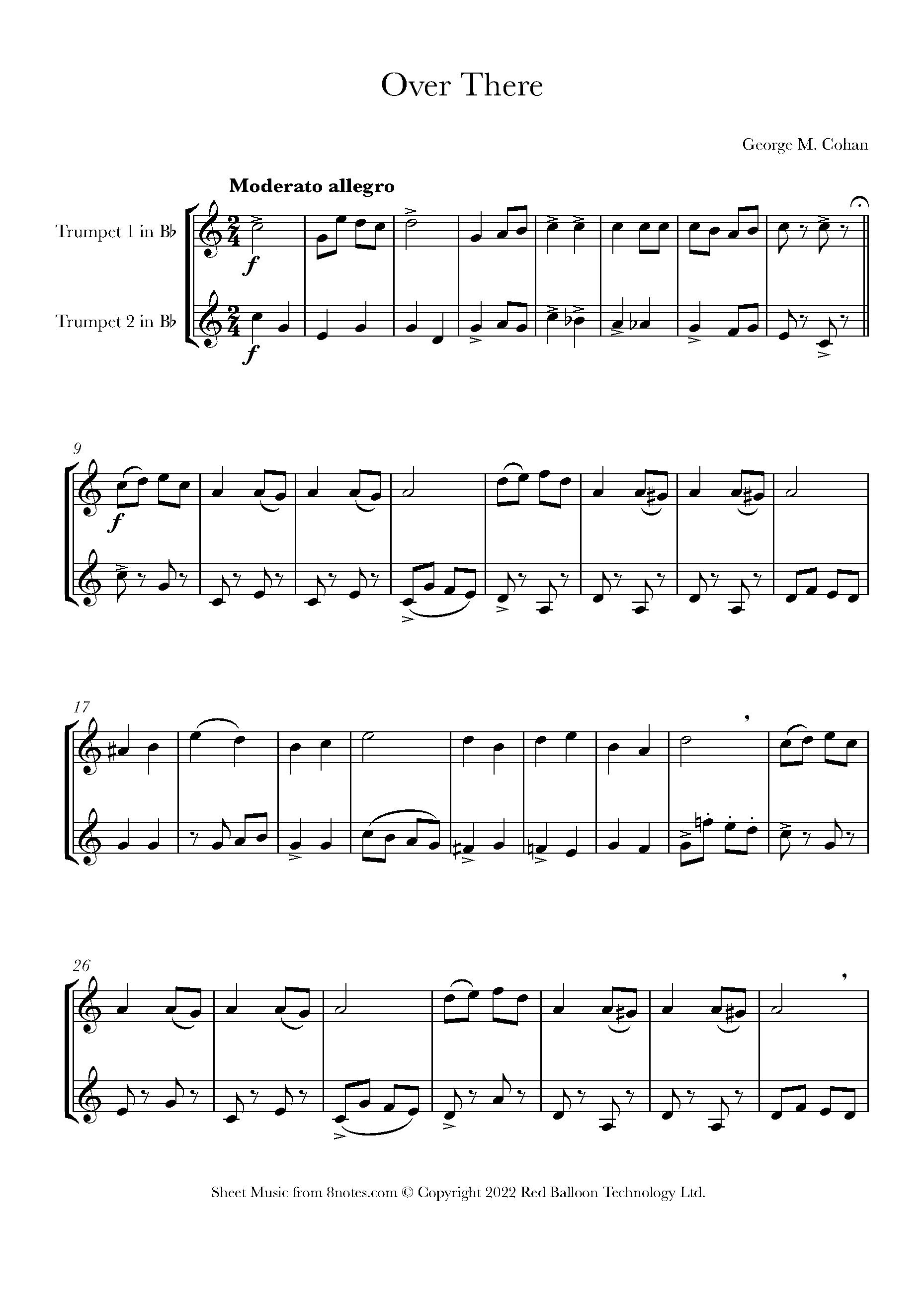 Cohan - Over There Sheet music for Trumpet Duet - 8notes.com