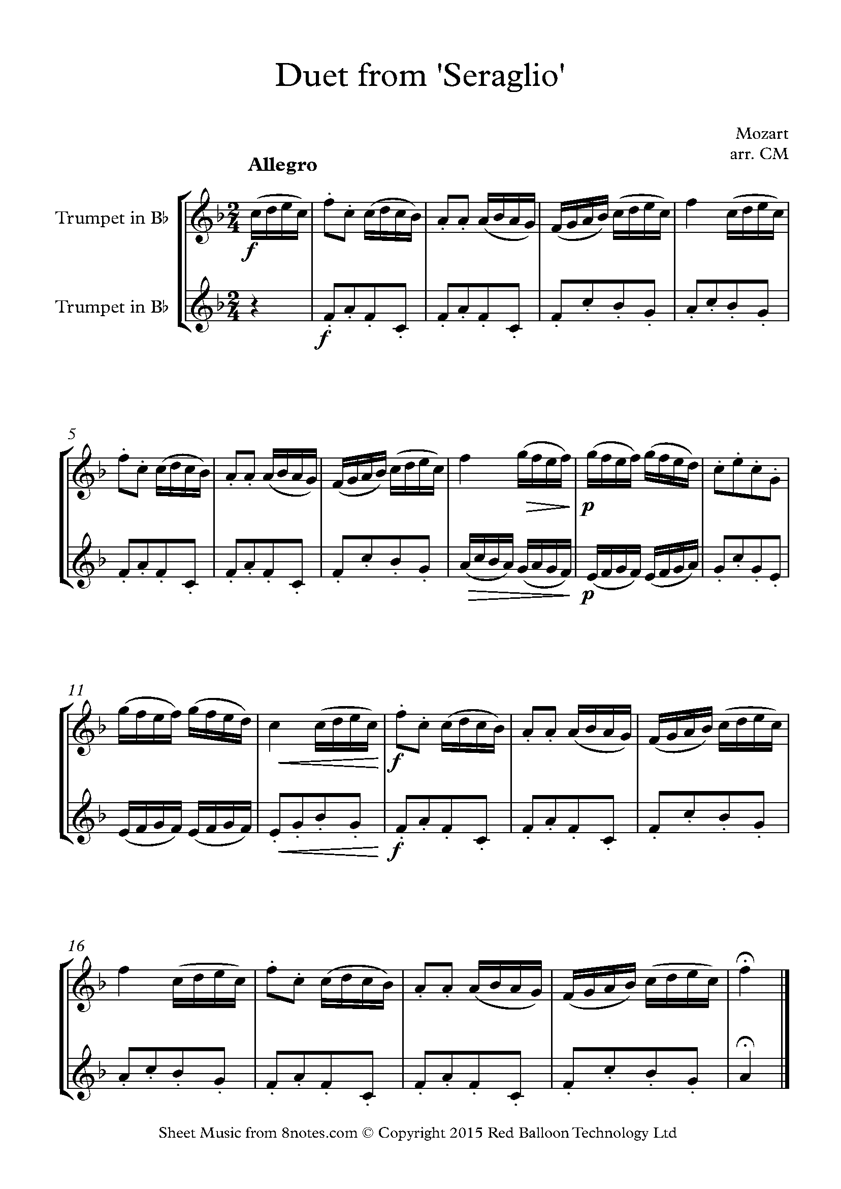 Mozart - Duet from 'Seraglio' Sheet music for Trumpet Duet - 8notes.com
