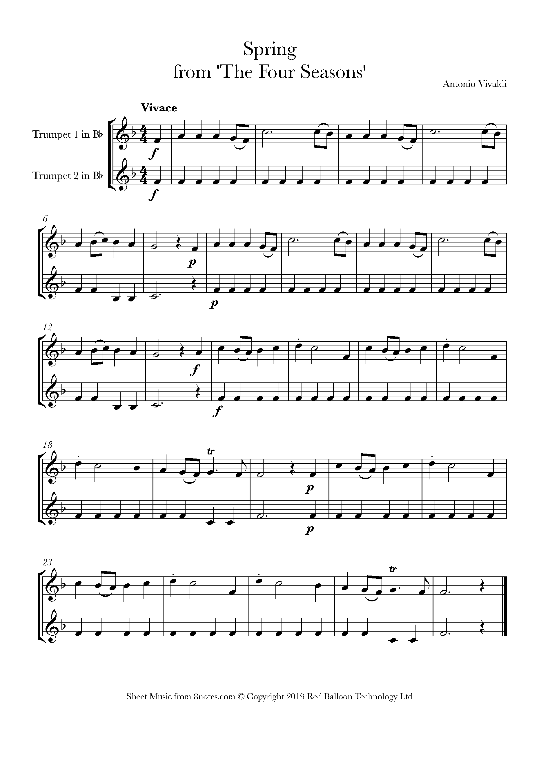 Vivaldi - Spring from 'The Four Seasons' Sheet music for Trumpet Duet ...