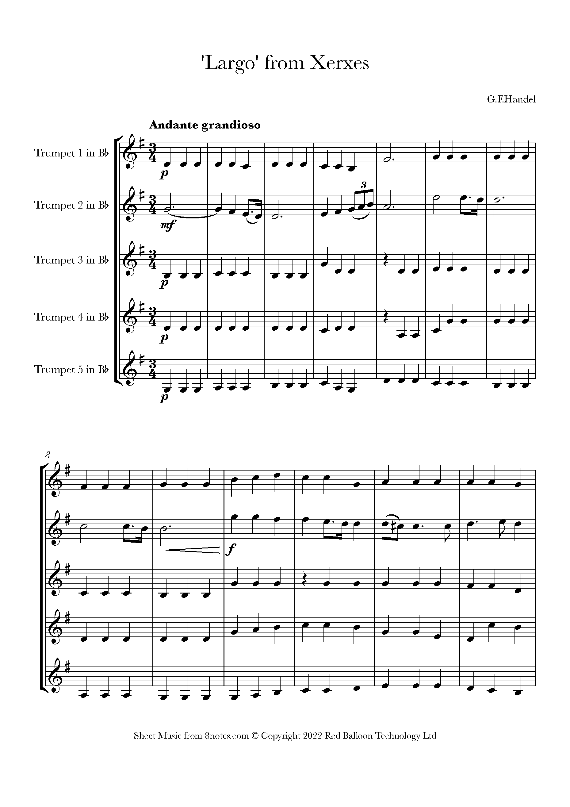 Handel - Largo from Xerxes Sheet music for Trumpet Ensemble - 8notes.com