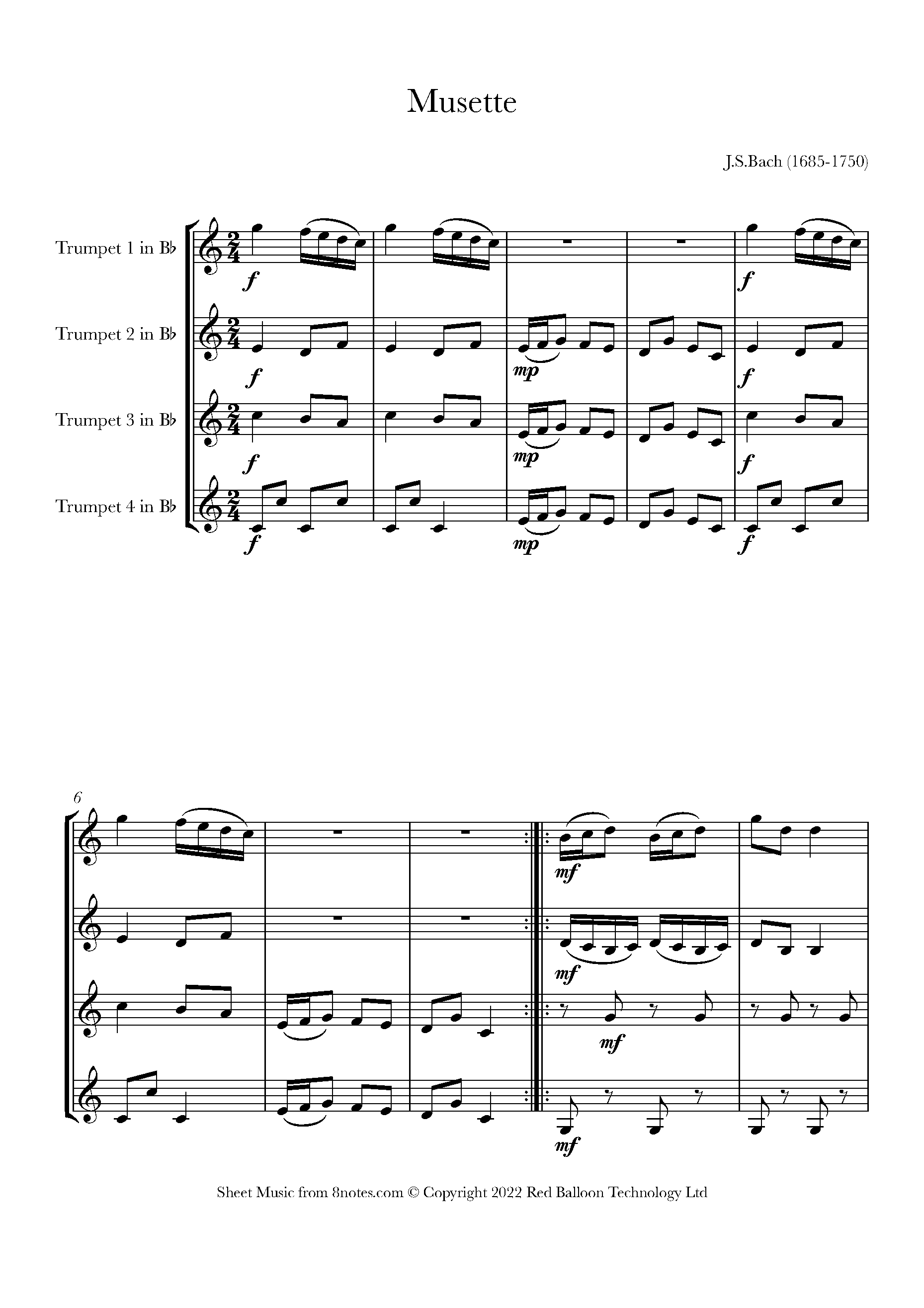 Bach - Musette Sheet music for Trumpet Quartet - 8notes.com