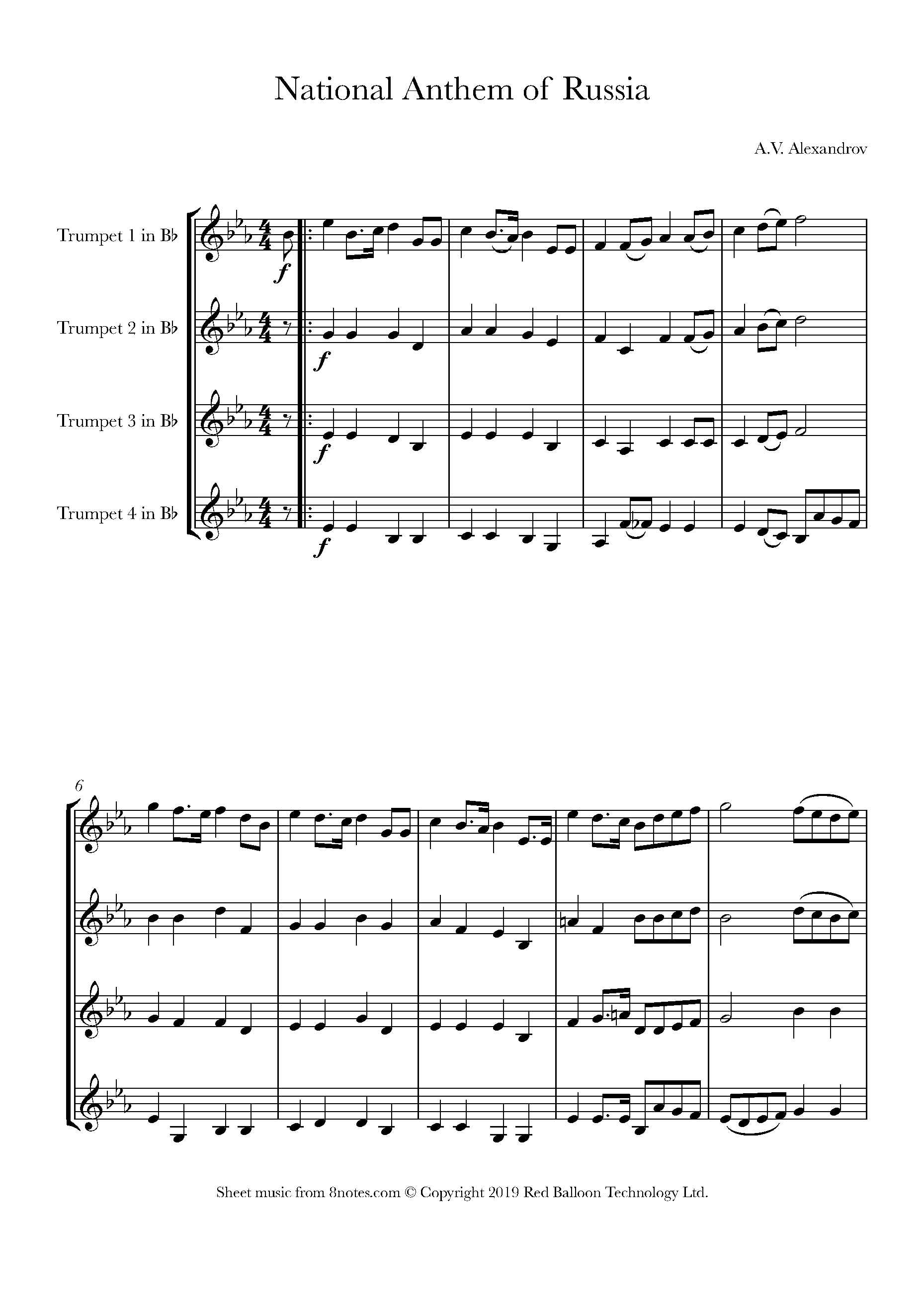 National Anthem of Russia (Alexandrov) Sheet music for Trumpet Quartet ...