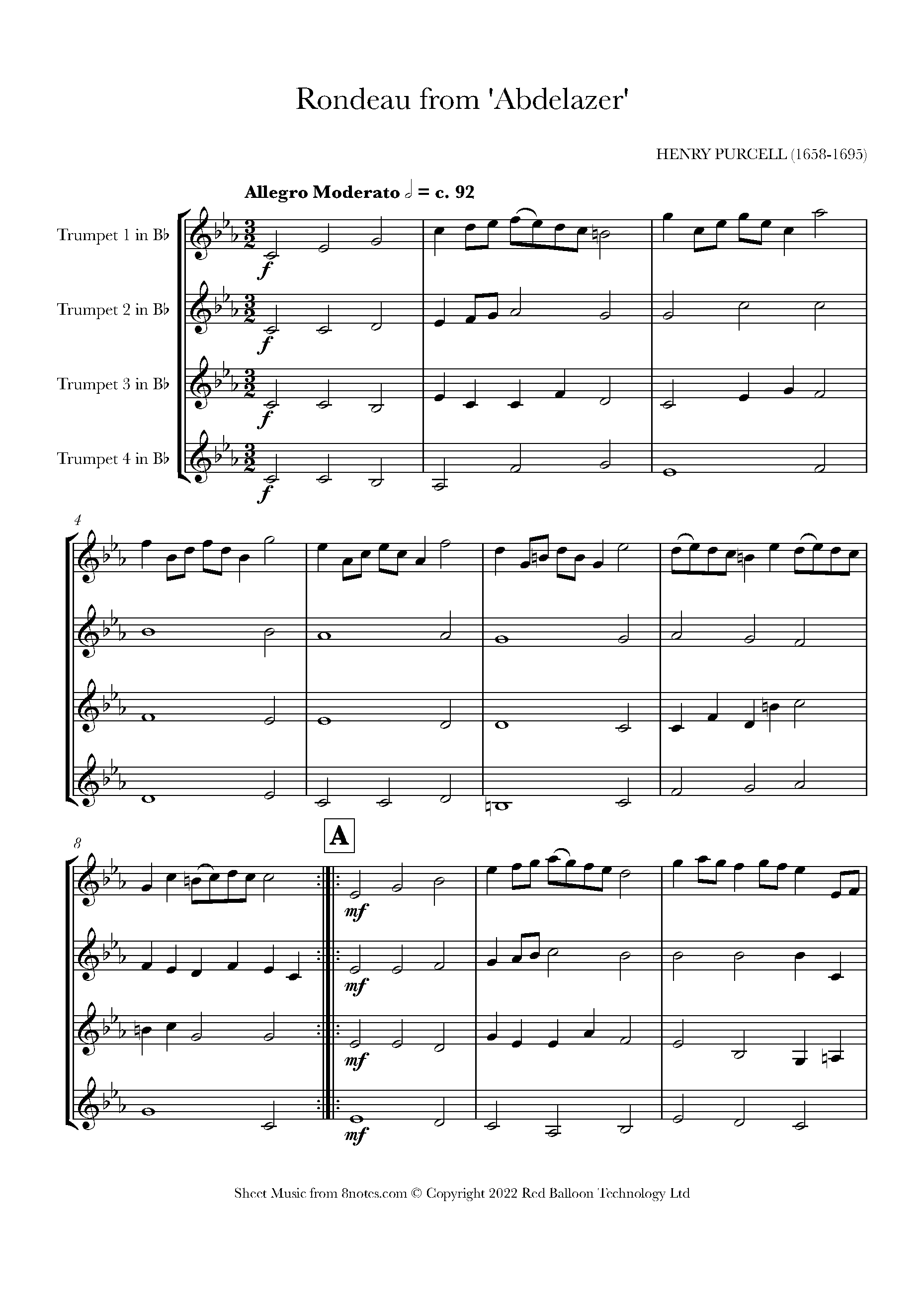 Purcell - Rondeau from Abdelazer Sheet music for Trumpet Quartet ...