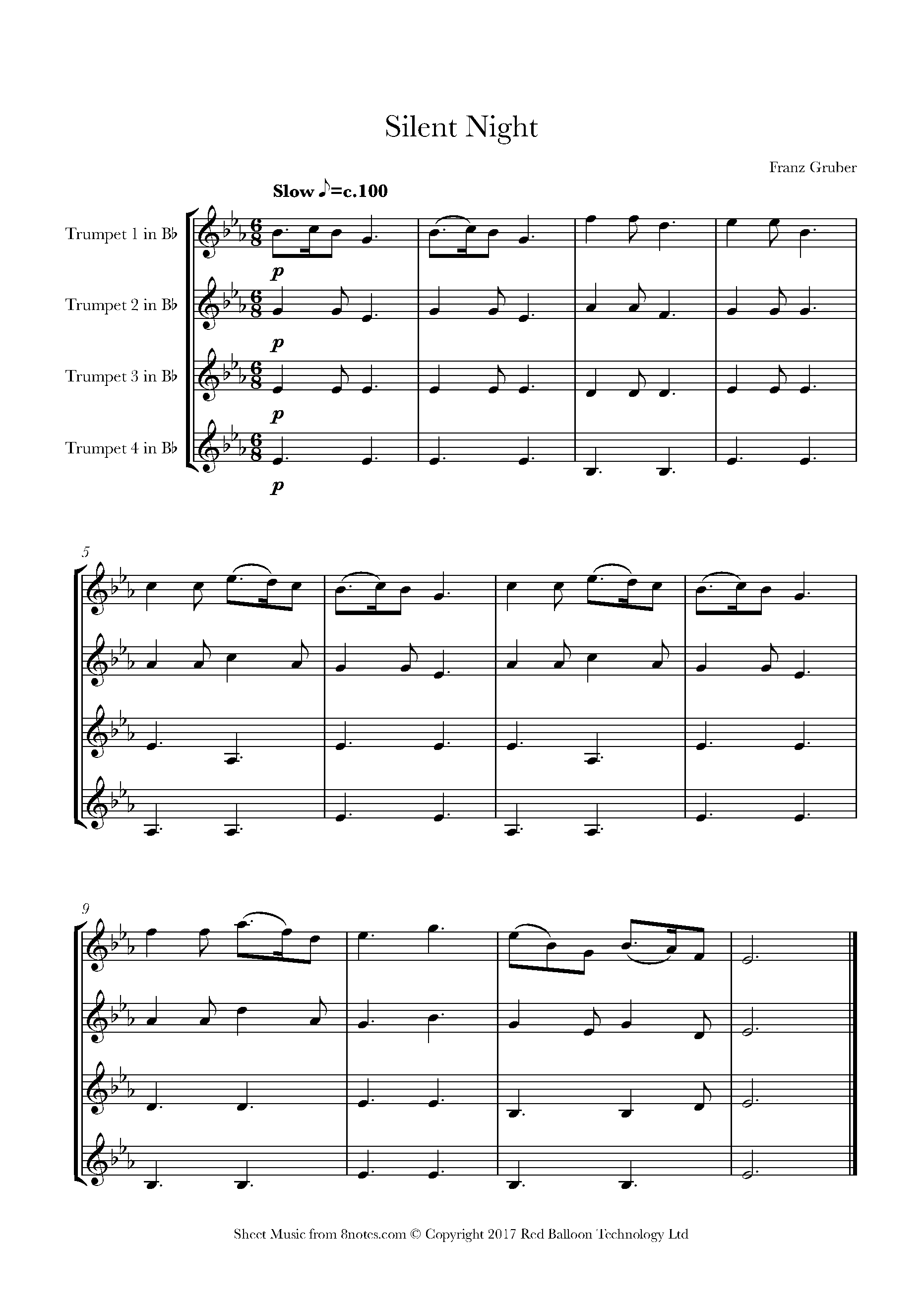 Silent Night (easy) Sheet music for Trumpet Quartet - 8notes.com