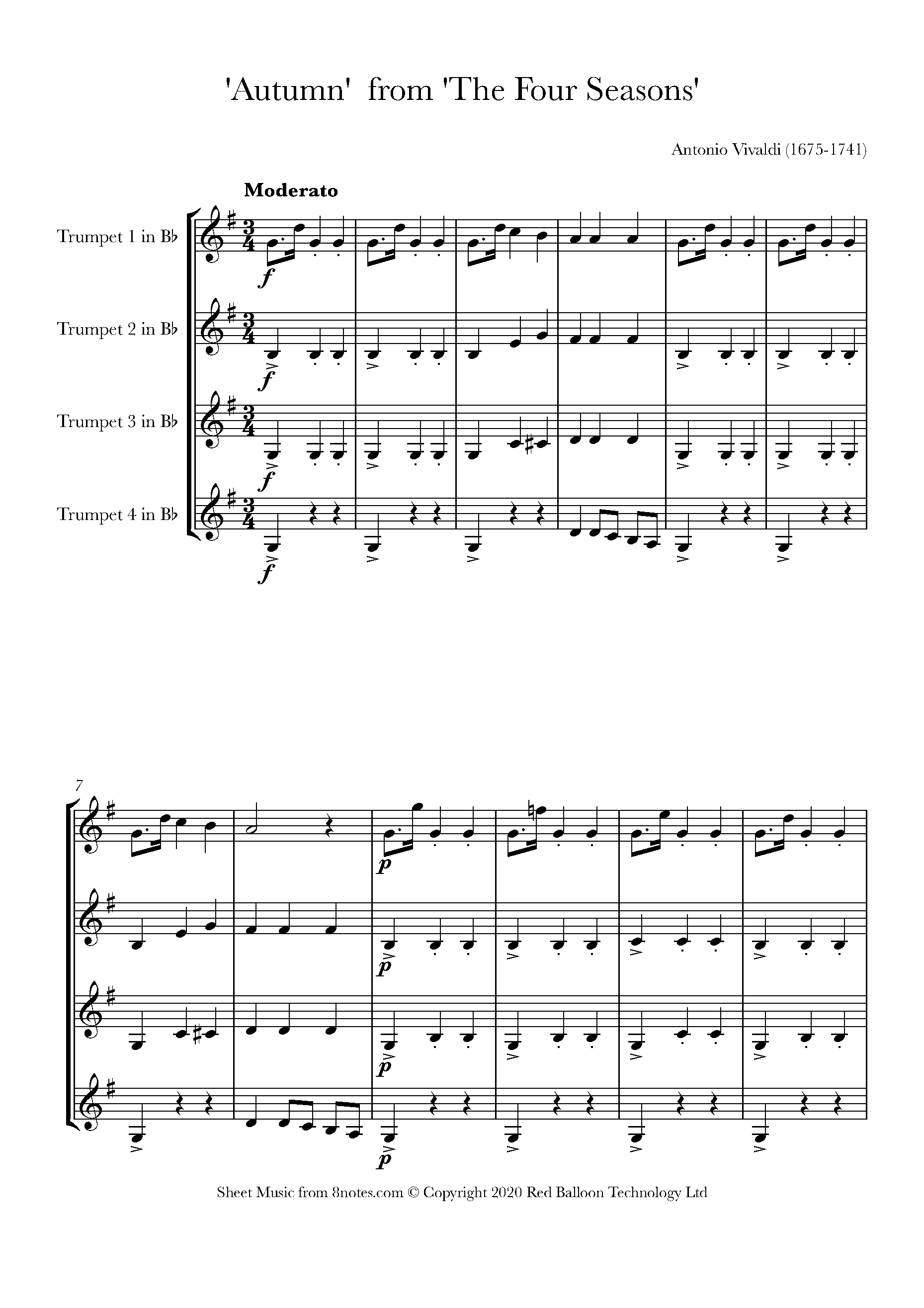 Vivaldi - Autumn from The Four Seasons Sheet music for Trumpet Quartet ...