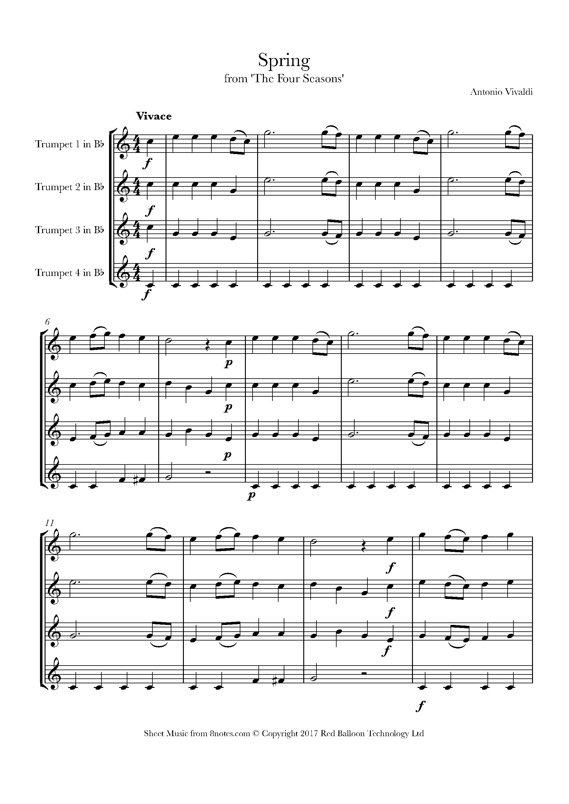 Vivaldi - Spring from the Four Seasons Sheet music for Trumpet Quartet ...