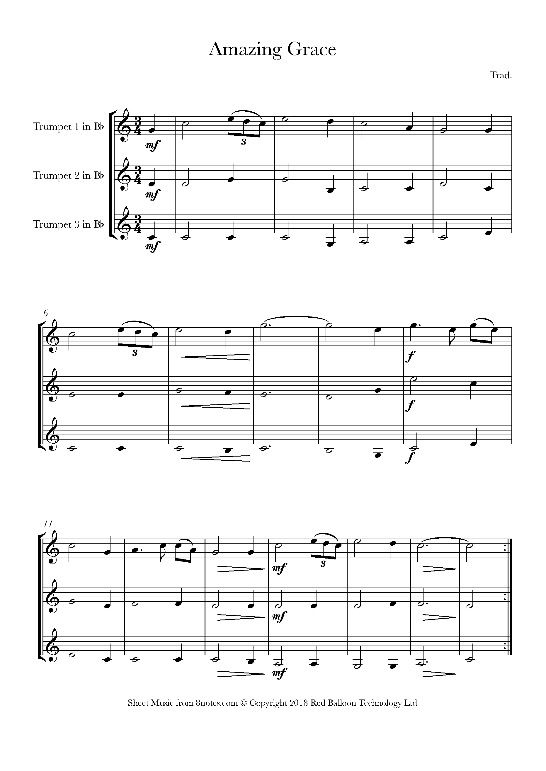 Amazing Grace Sheet music for Trumpet Trio - 8notes.com