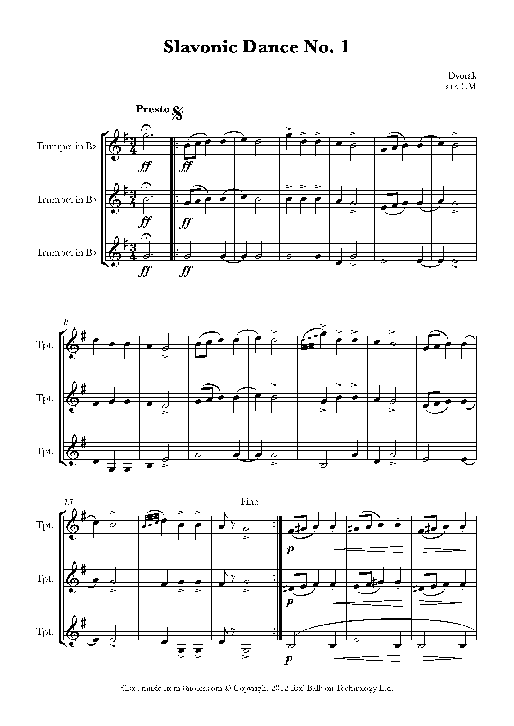 Dvořák - Slavonic Dance No. 1 Sheet music for Trumpet Trio - 8notes.com