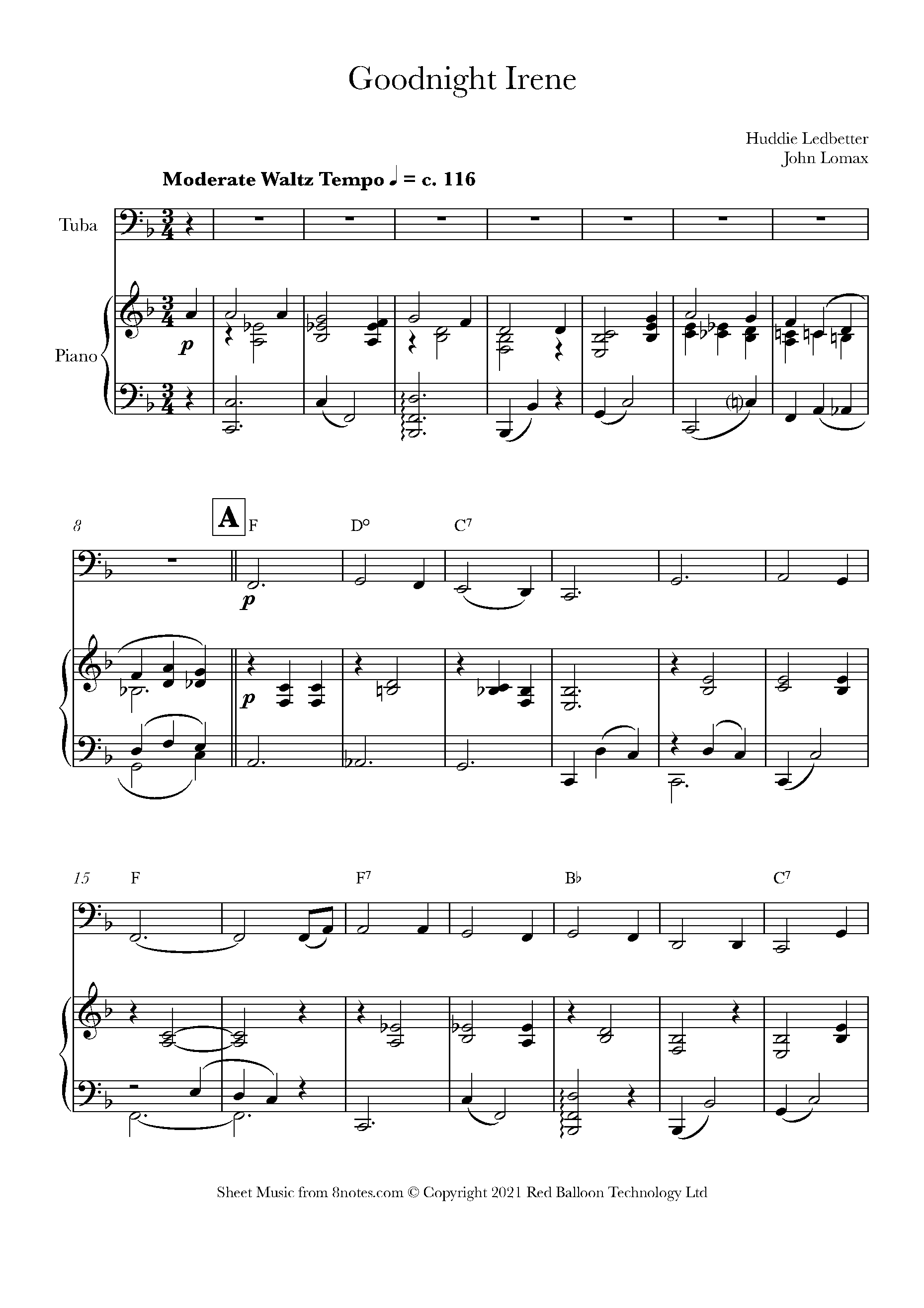 Leadbelly - Goodnight, Irene Sheet music for Tuba - 8notes.com