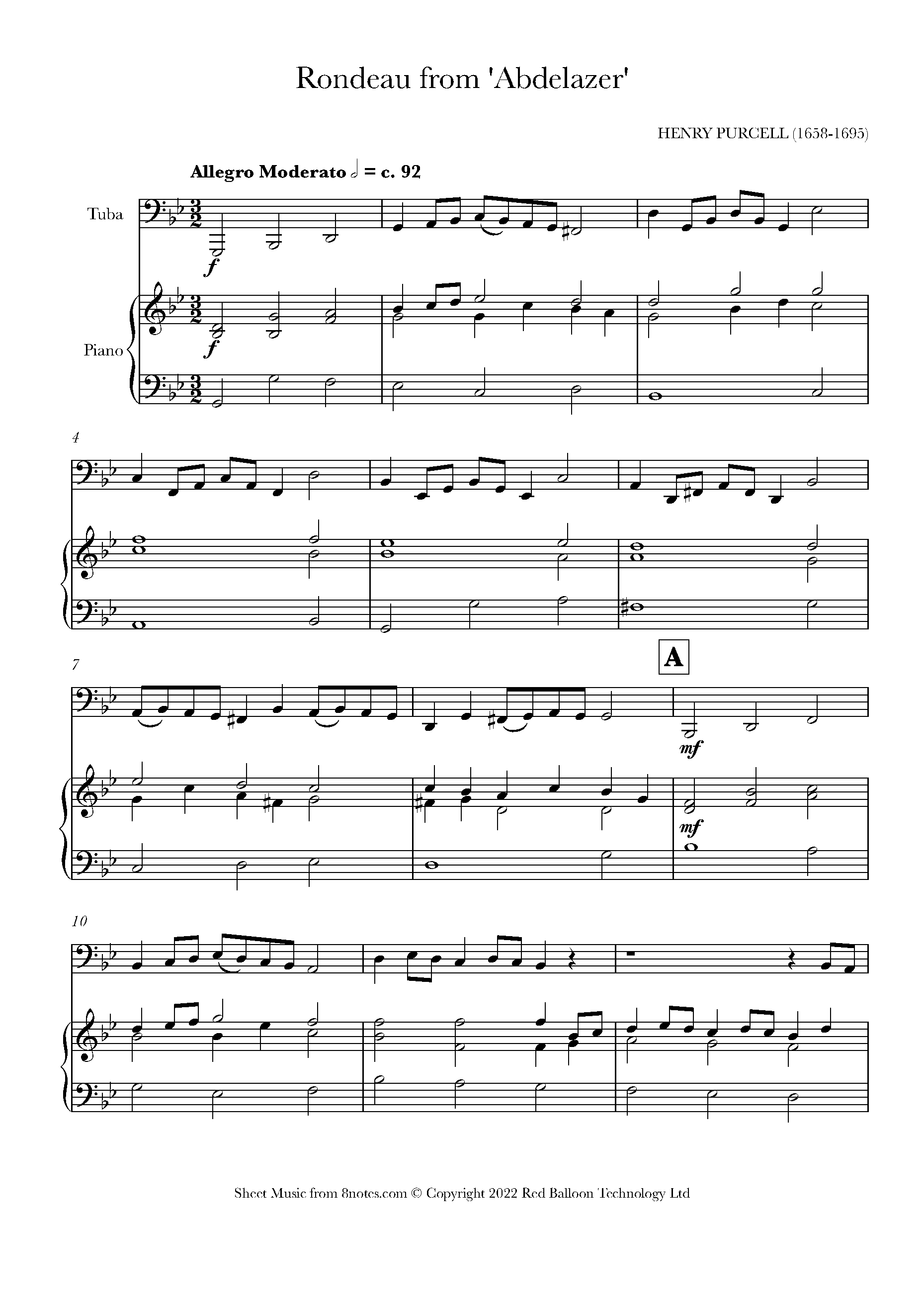 Purcell - Rondeau from Abdelazer Sheet music for Tuba - 8notes.com