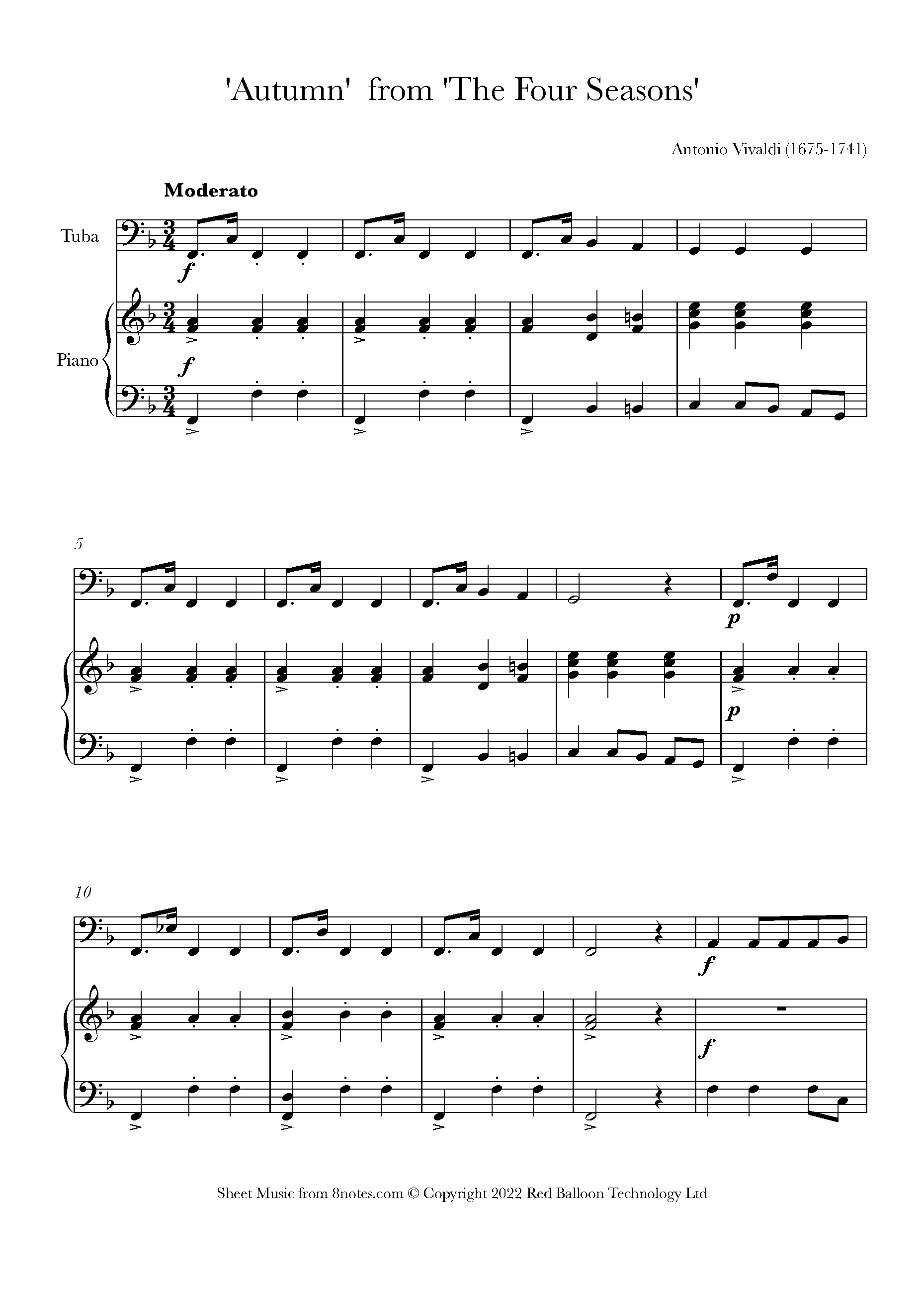 Vivaldi - Autumn from the Four Seasons Sheet music for Tuba - 8notes.com