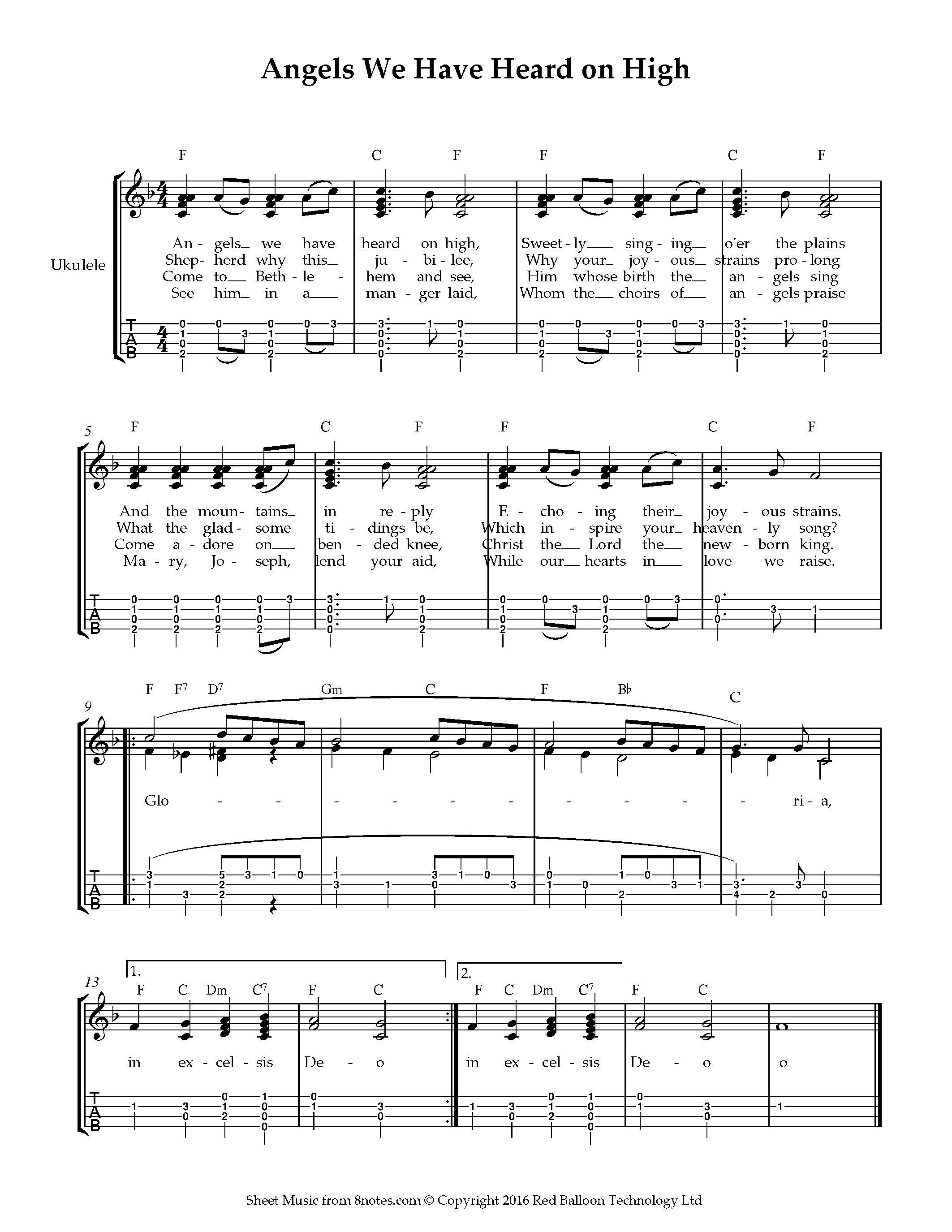 Angels We Have Heard On High Sheet music for Ukulele - 8notes.com