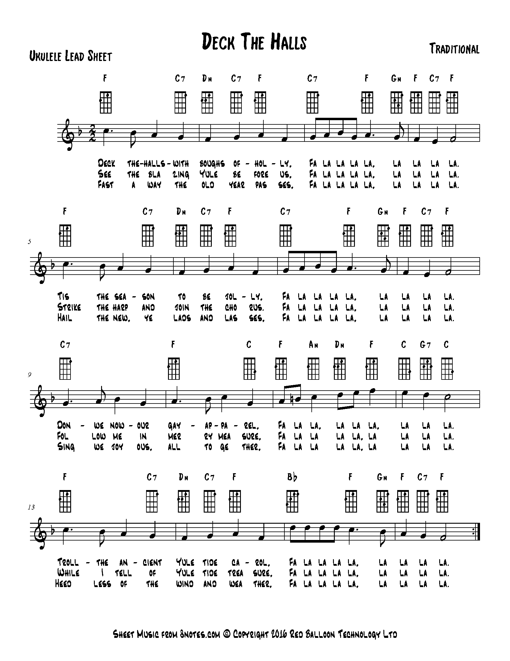 Deck the Halls Sheet music for Ukulele Lead Sheets - 8notes.com