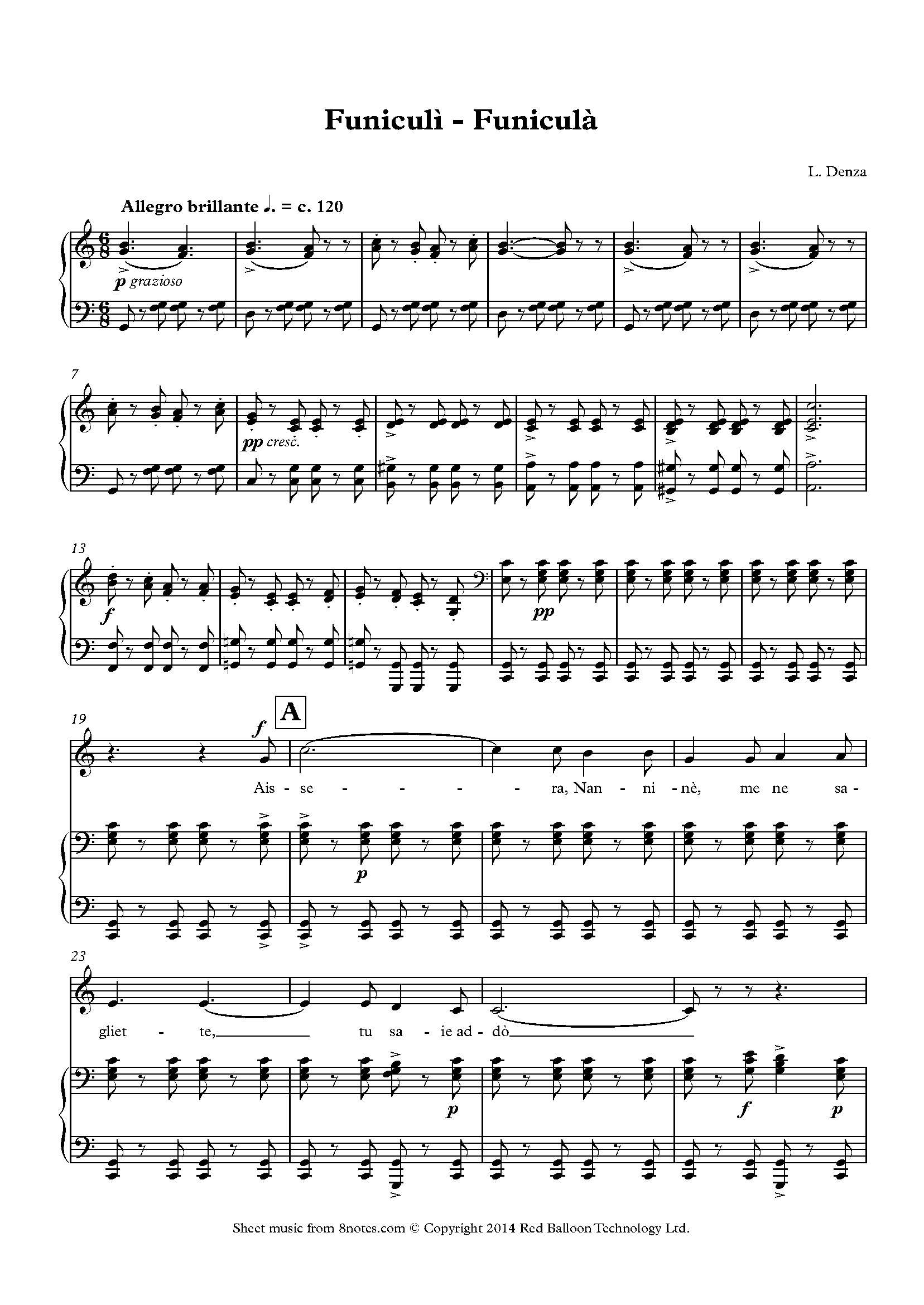 Denza - Funiculi - Funicula Sheet music for Unison Choir - 8notes.com