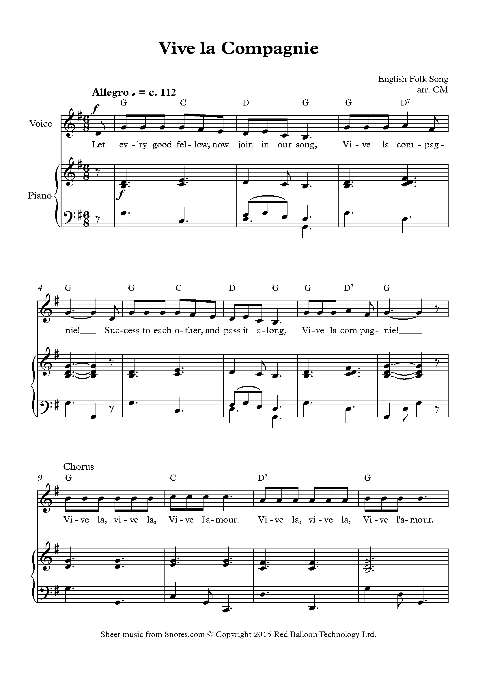 Vive la Compagnie (Engligh folk song) Sheet music for Unison Choir ...