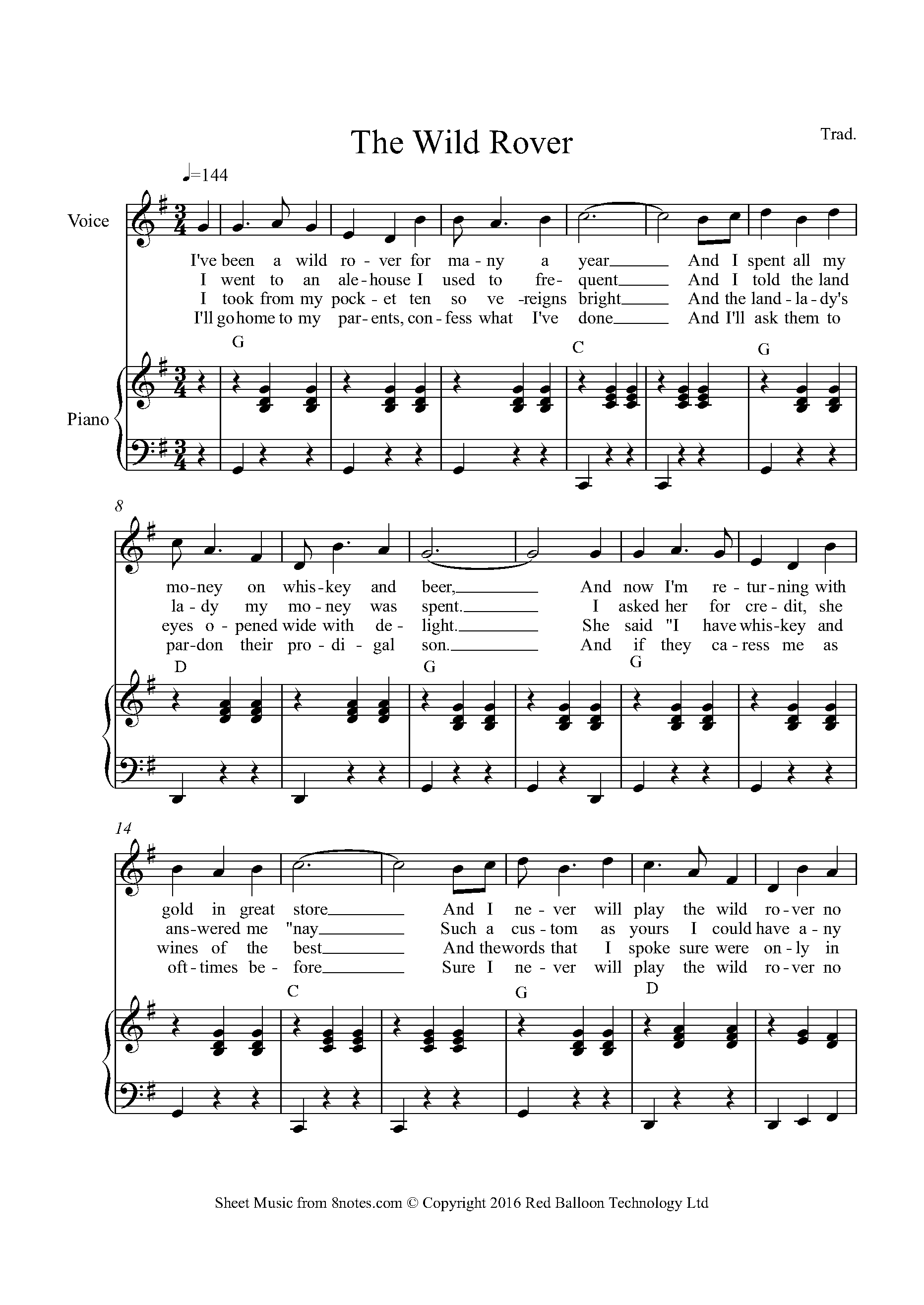 Wild Rover Sheet music for Unison Choir - 8notes.com