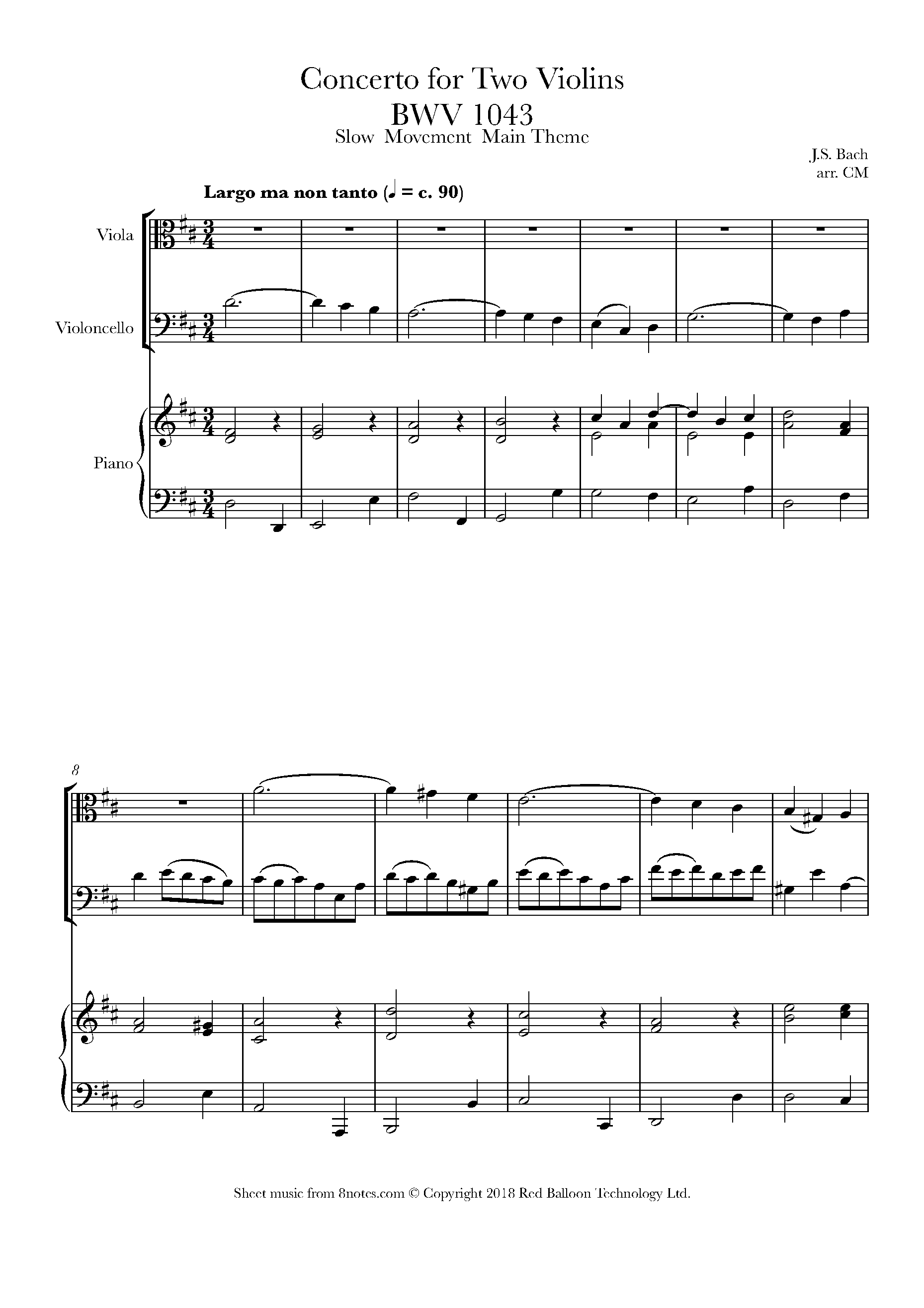Bach - Concerto for Two Violins BWV 1043 (Slow Movement Main Theme) Sheet music for Viola-Cello ...