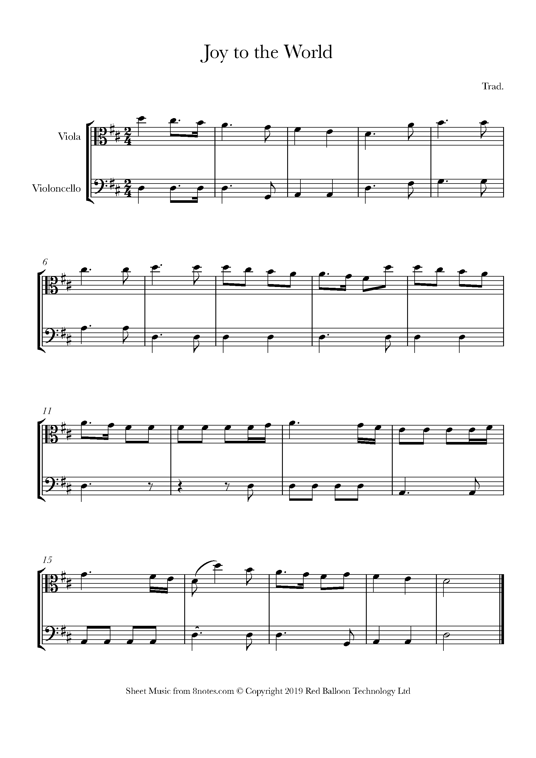 Joy to the World Sheet music for Viola-Cello Duet - 8notes.com