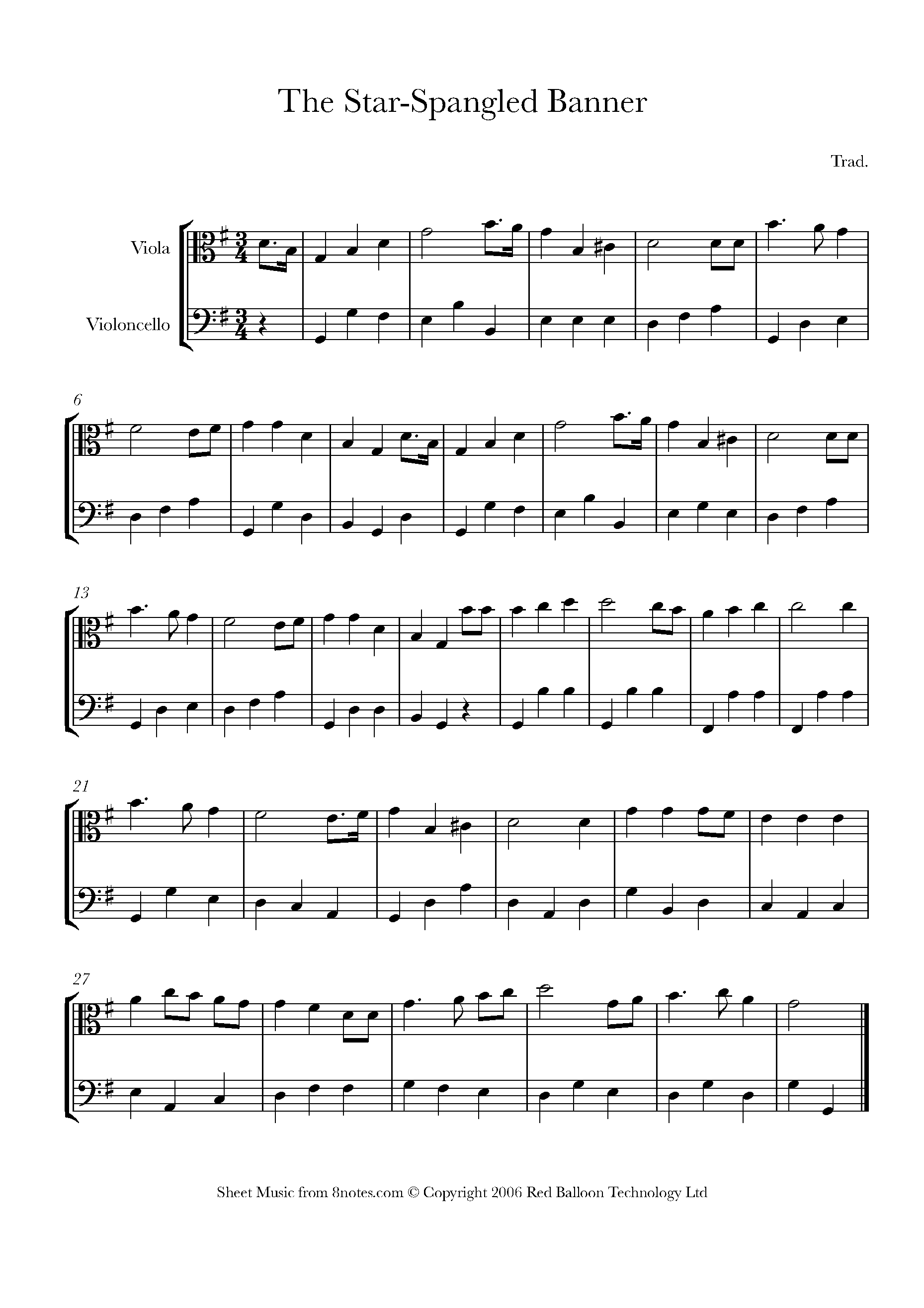 Star Spangled Banner Sheet music for Viola-Cello Duet - 8notes.com